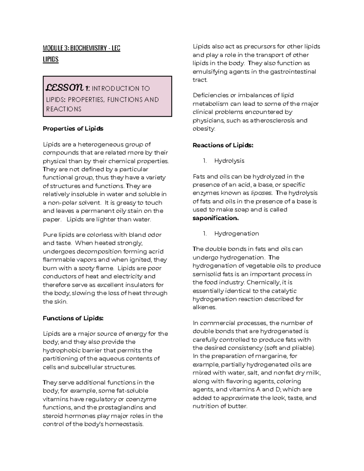 Module 3 Biochemistry - Lipids Overview - LEC Notes - Studocu