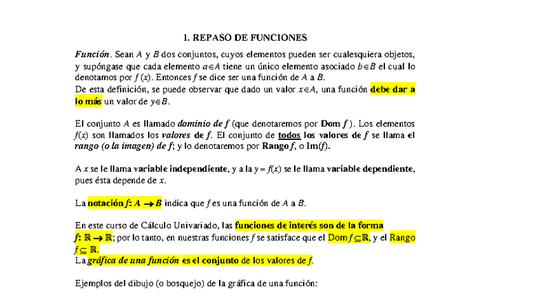 Repaso de Funciones - 1. REPASO DE FUNCIONES Función. Sean A y B dos ...
