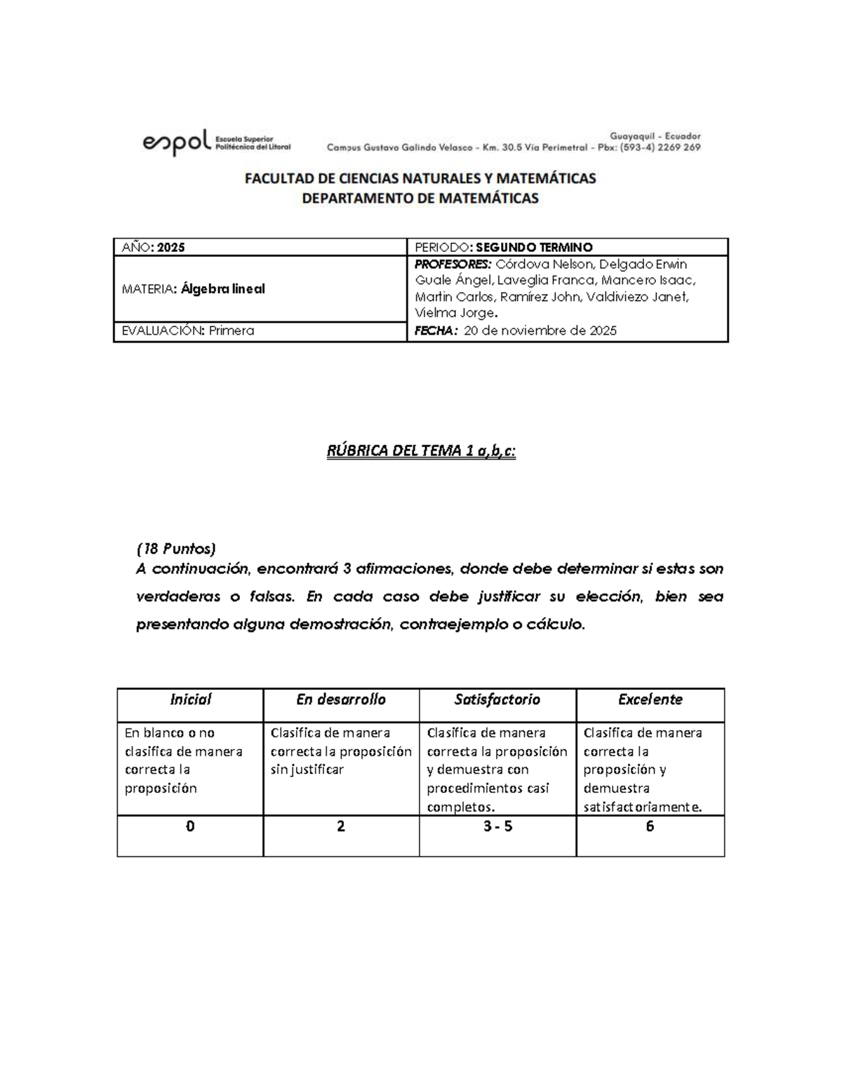 Rubrica de Evaluación: Álgebra Lineal EX 1 Alg 2025 - Studocu
