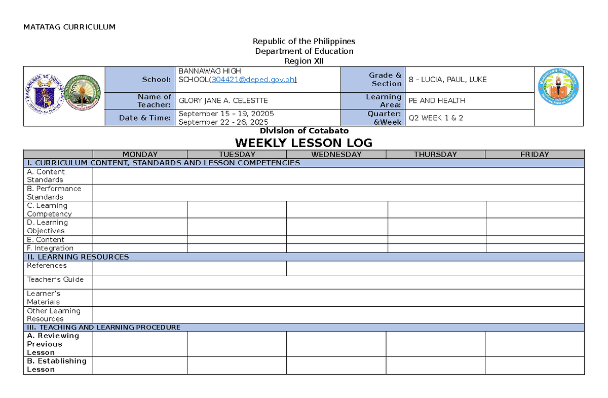 MATATAG CURRICULUM Q2 WEEKLY LESSON LOG - PE AND HEALTH Grade 8 - Studocu