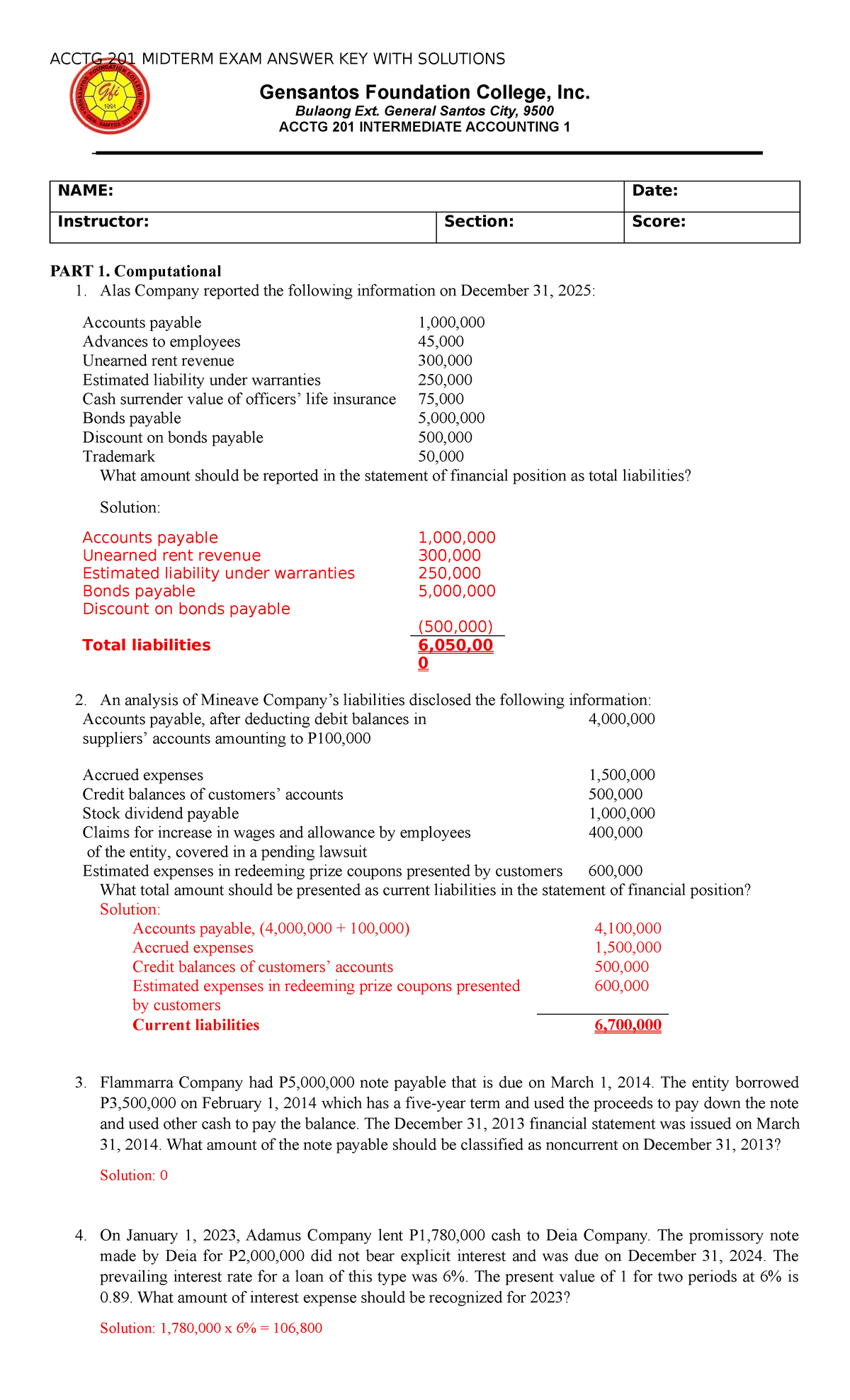 ACCTG 201 MIDTERM EXAM ANSWER KEY & SOLUTIONS - Studocu