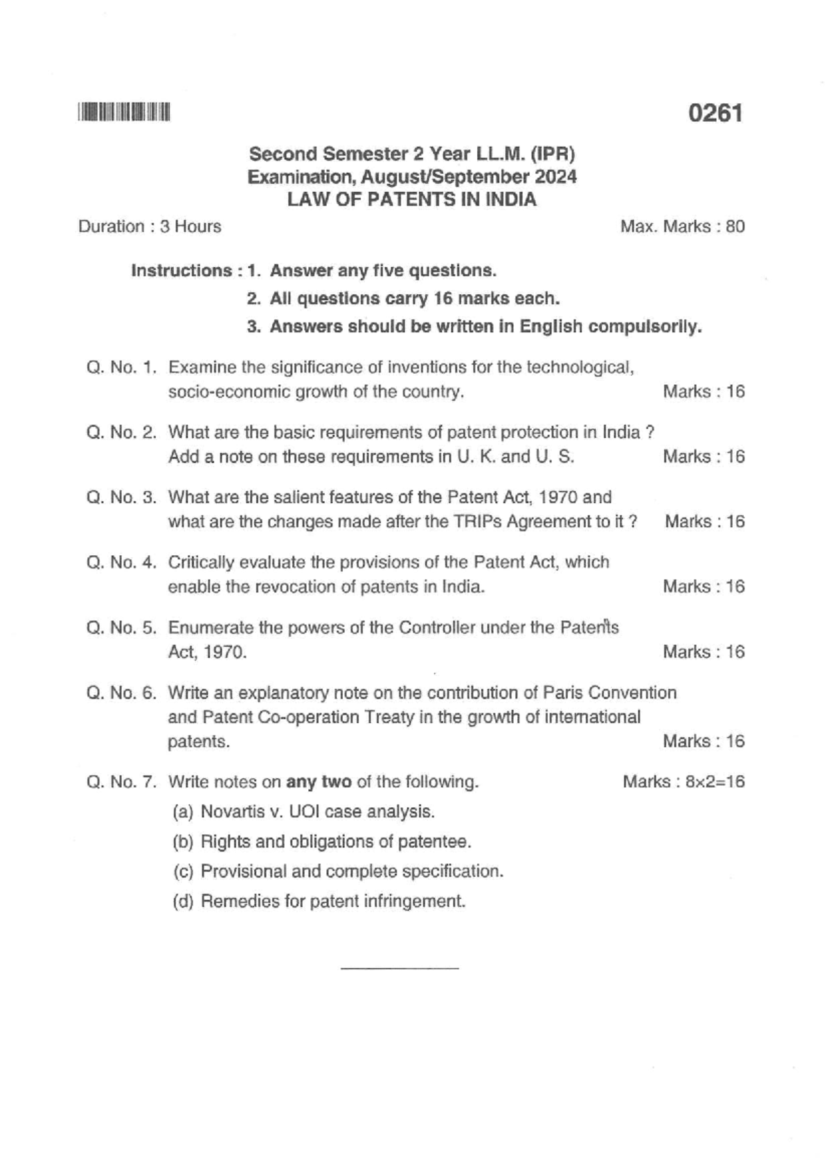 0261 LL.M. (IPR) Final Exam: Law of Patents in India 2024 - Studocu