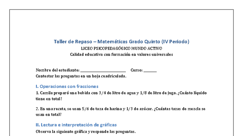 Taller de Repaso Matemáticas 5to Grado - IV Periodo - Studocu