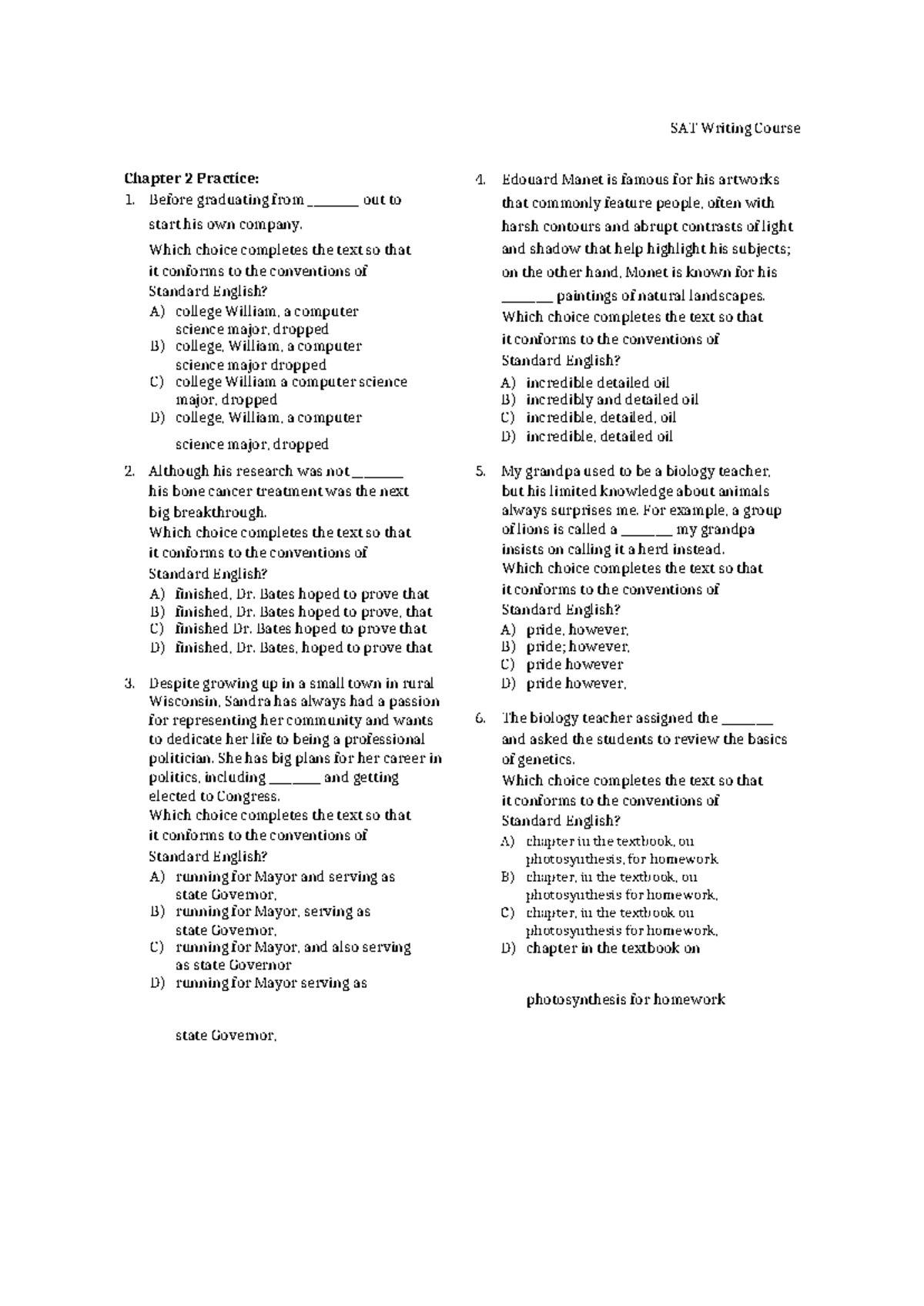 SAT Writing Course Chapter 2 Practice: Punctuation Exercises - Studocu