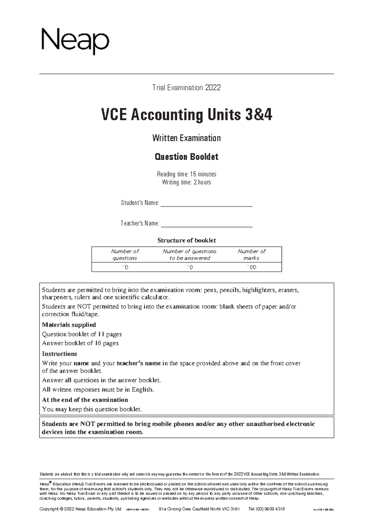2022 VCE Accounting Units 3 & 4 Trial Exam Question Booklet - Studocu