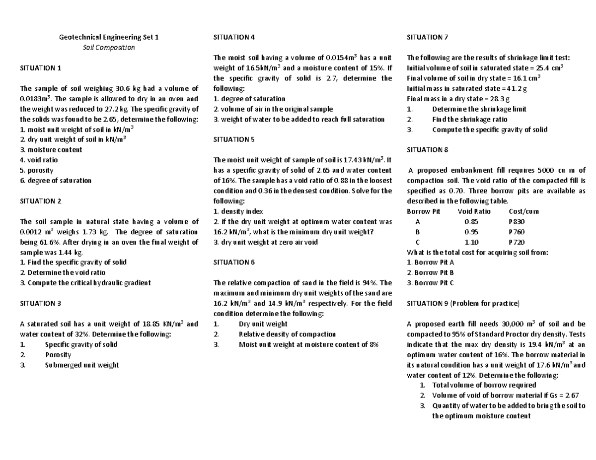 GEO-1 Geotechnical Engineering Problems Set 1 and 2 - Studocu