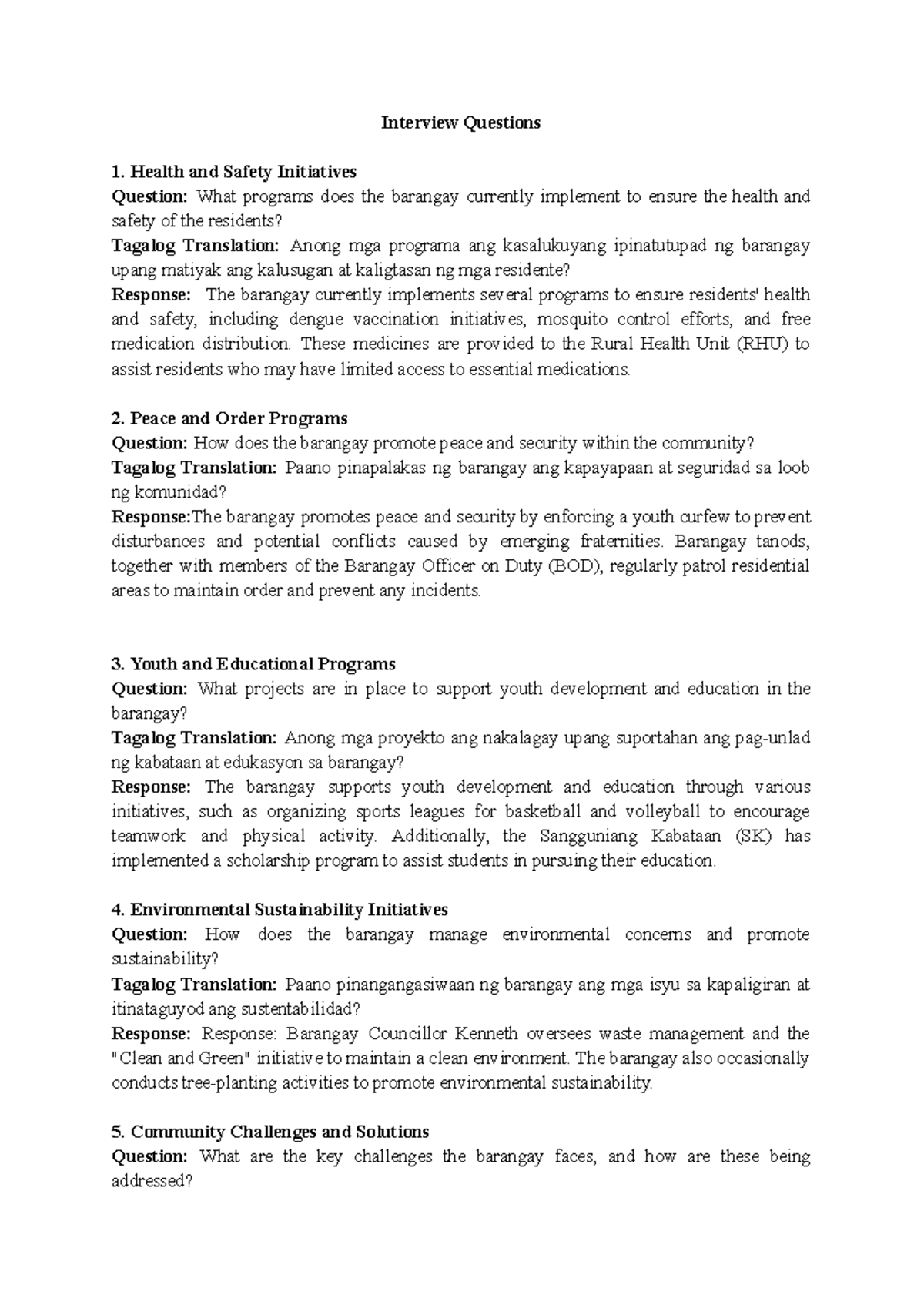 Barangay Health, Safety, and Community Programs Interview Questions ...