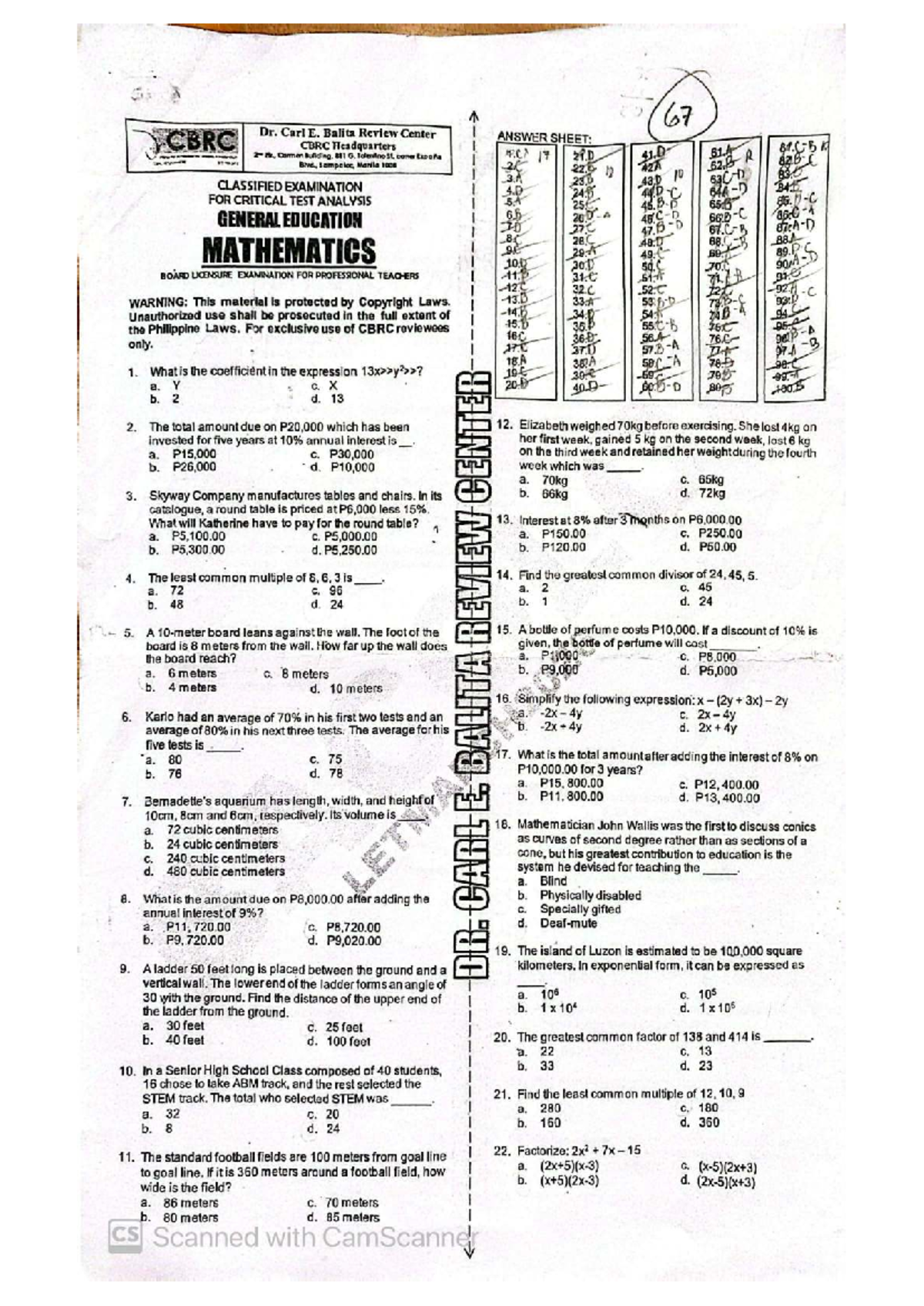Gen Ed - General Math Review for Board Licensure Exam - Studocu