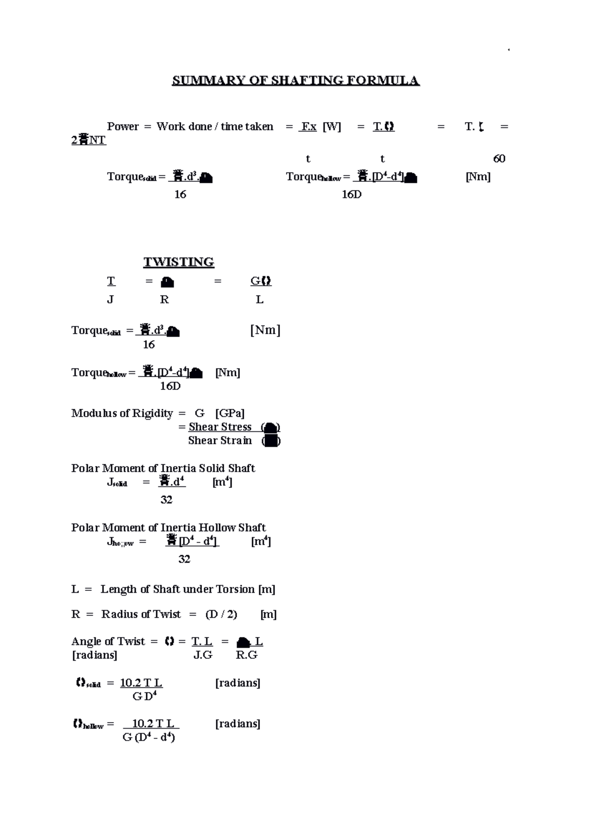 Shafting Formulas Summary for Engineering Mechanics ENGR 201 - Studocu