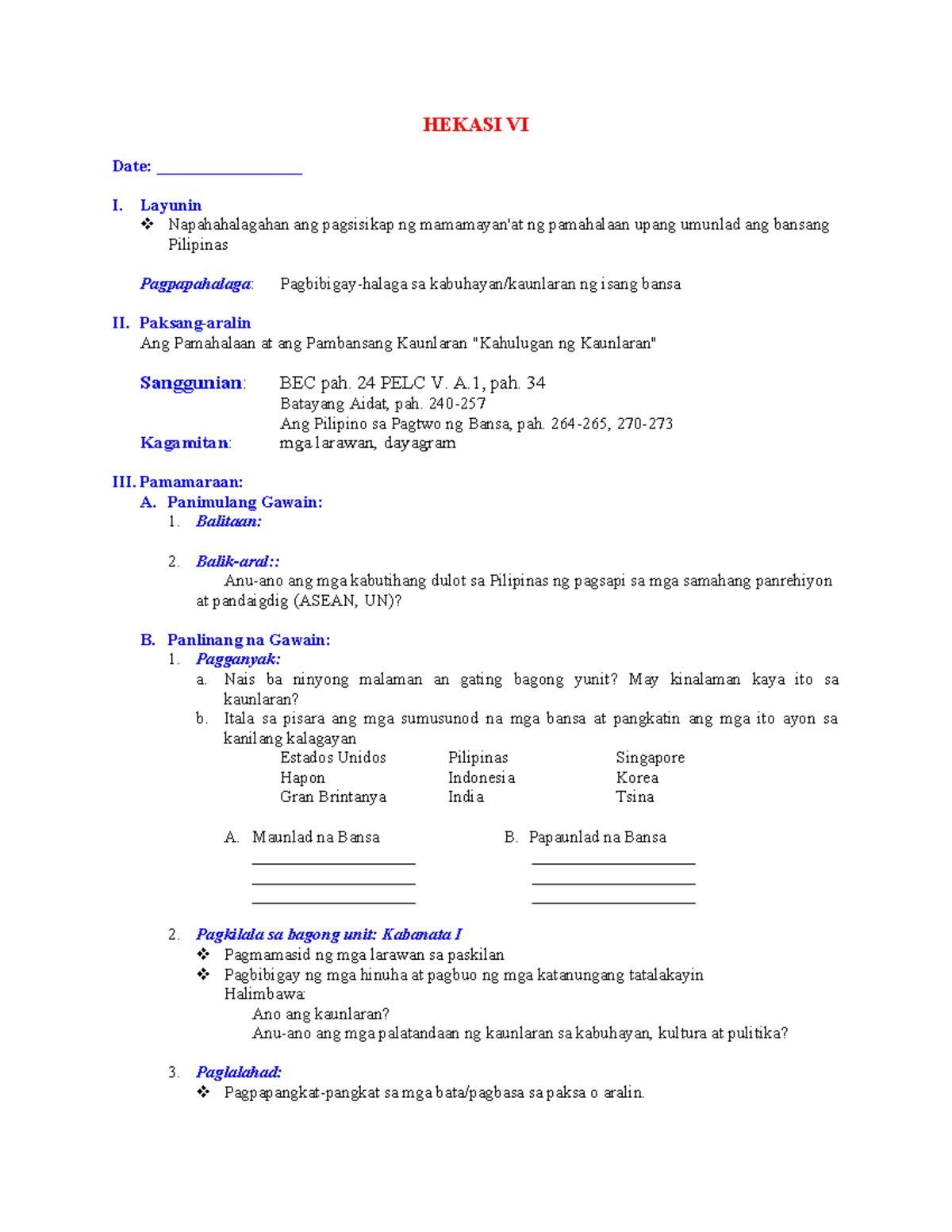 DLP AP 6 Q4 - Lesson Plan - HEKASI VI Date: _________________ I ...