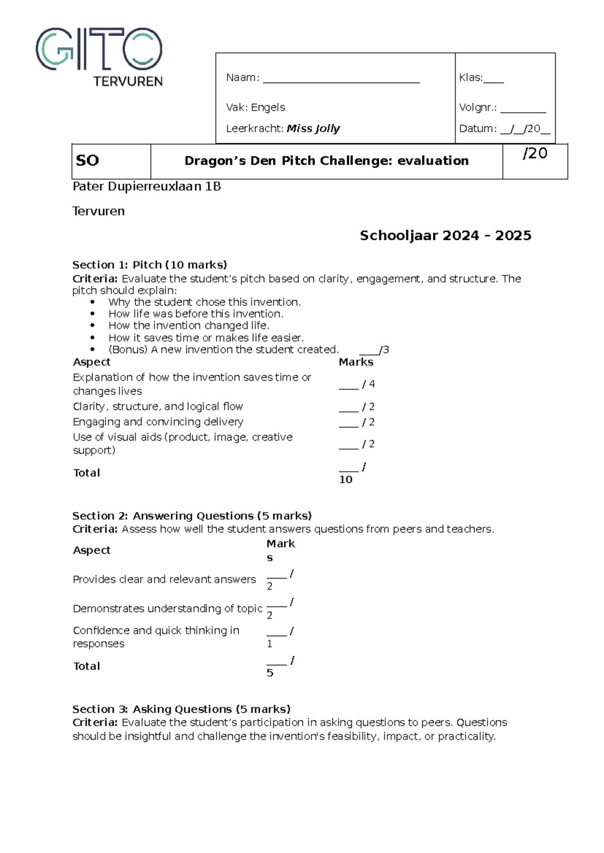 Engels Vak: Dragons' Den Pitch Evaluation Sheet 2024-2025 - Studocu