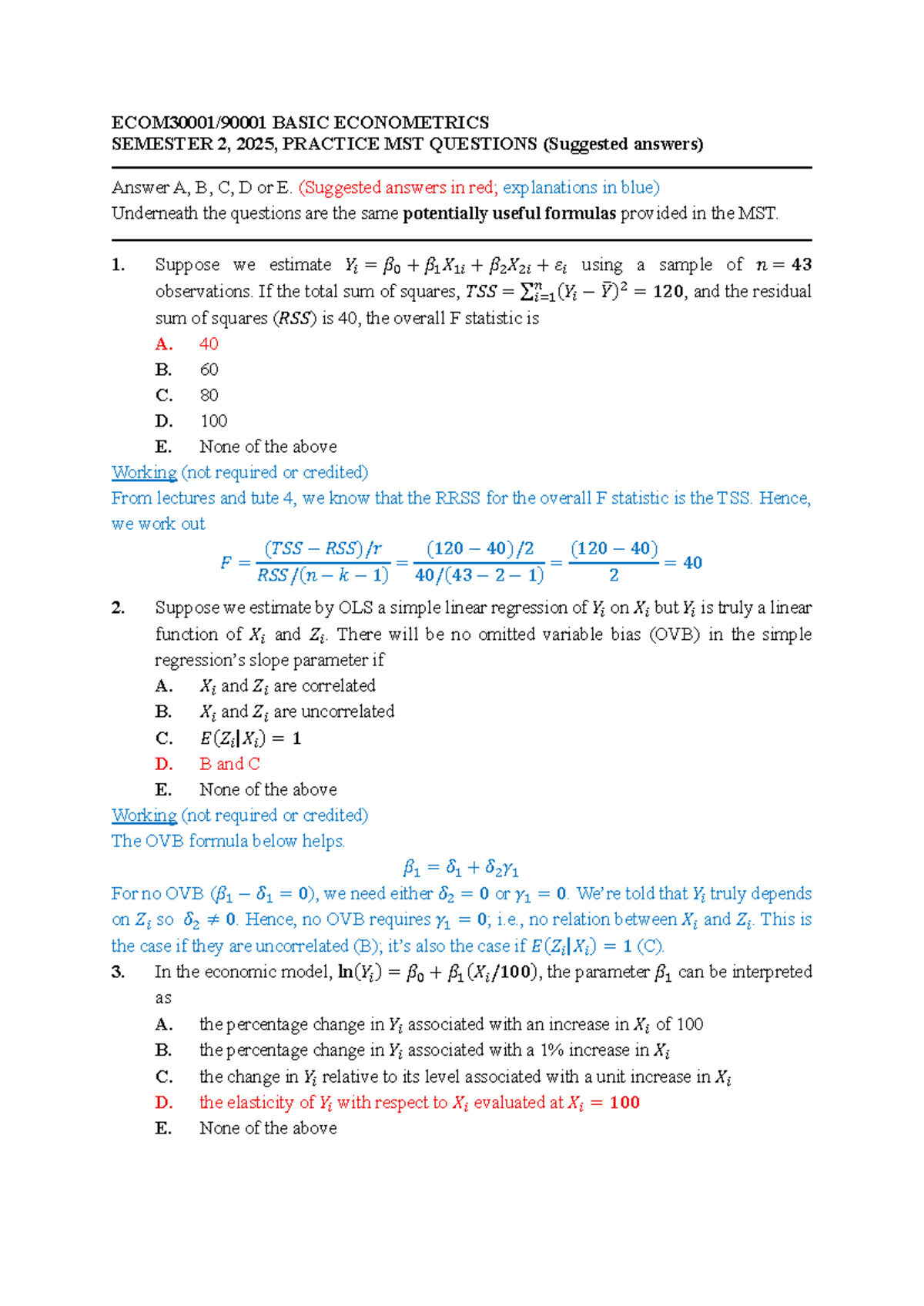 BASIC ECONOMETRICS SEM2 2025 MST PRACTICE QUESTIONS & ANSWERS - Studocu