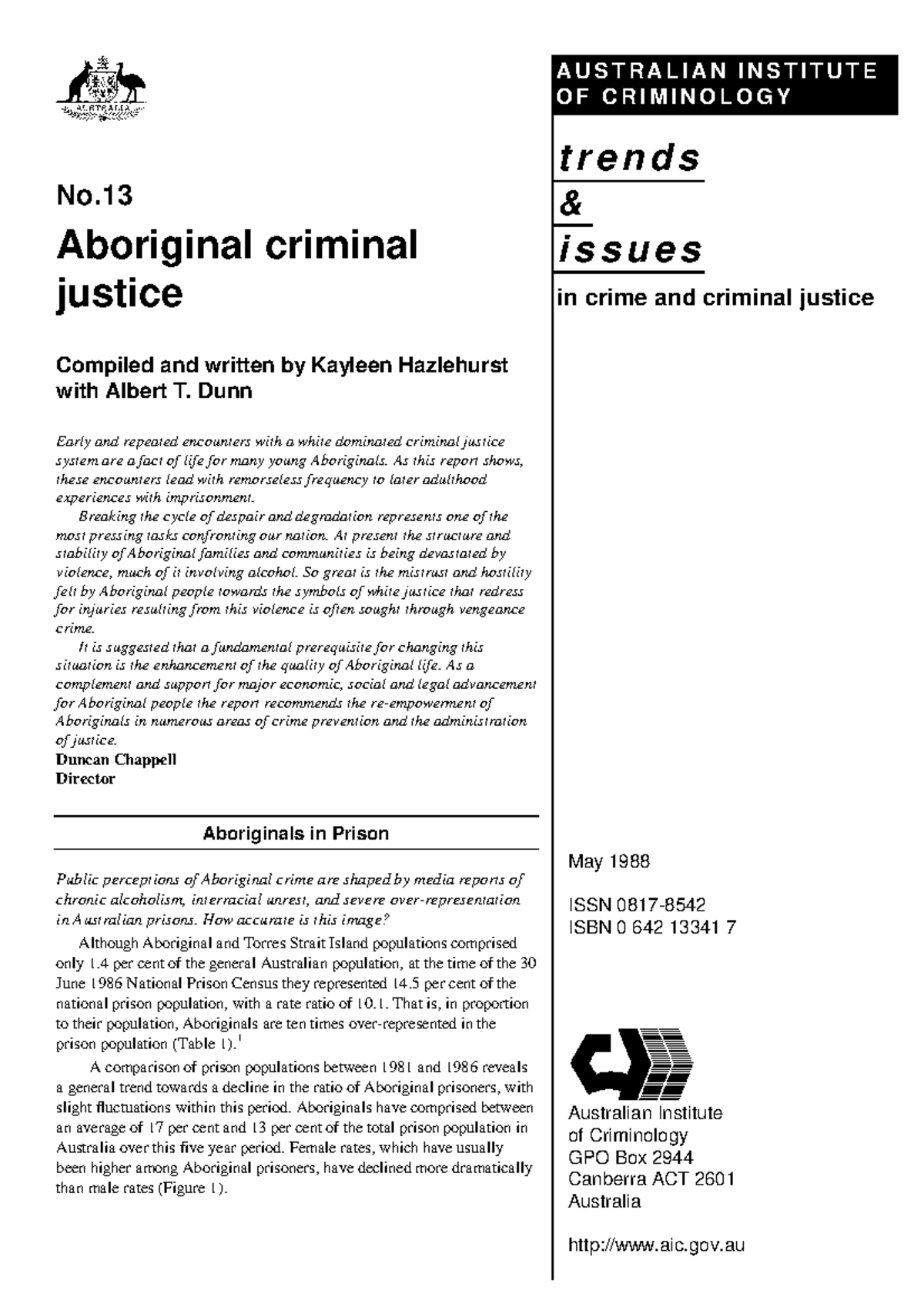 Aboriginal criminal justice issues in Australia: Trends No. 13 - Studocu