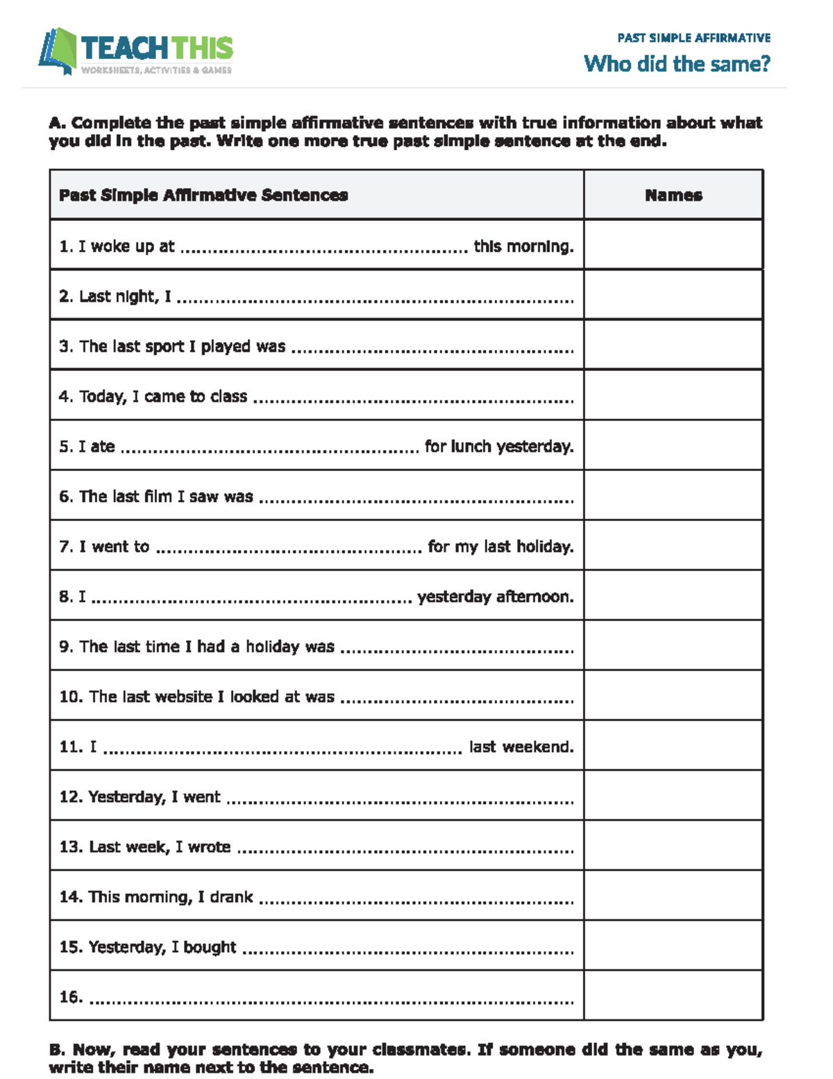 Past Simple Affirmative Activities & Worksheets for ESL - Studocu
