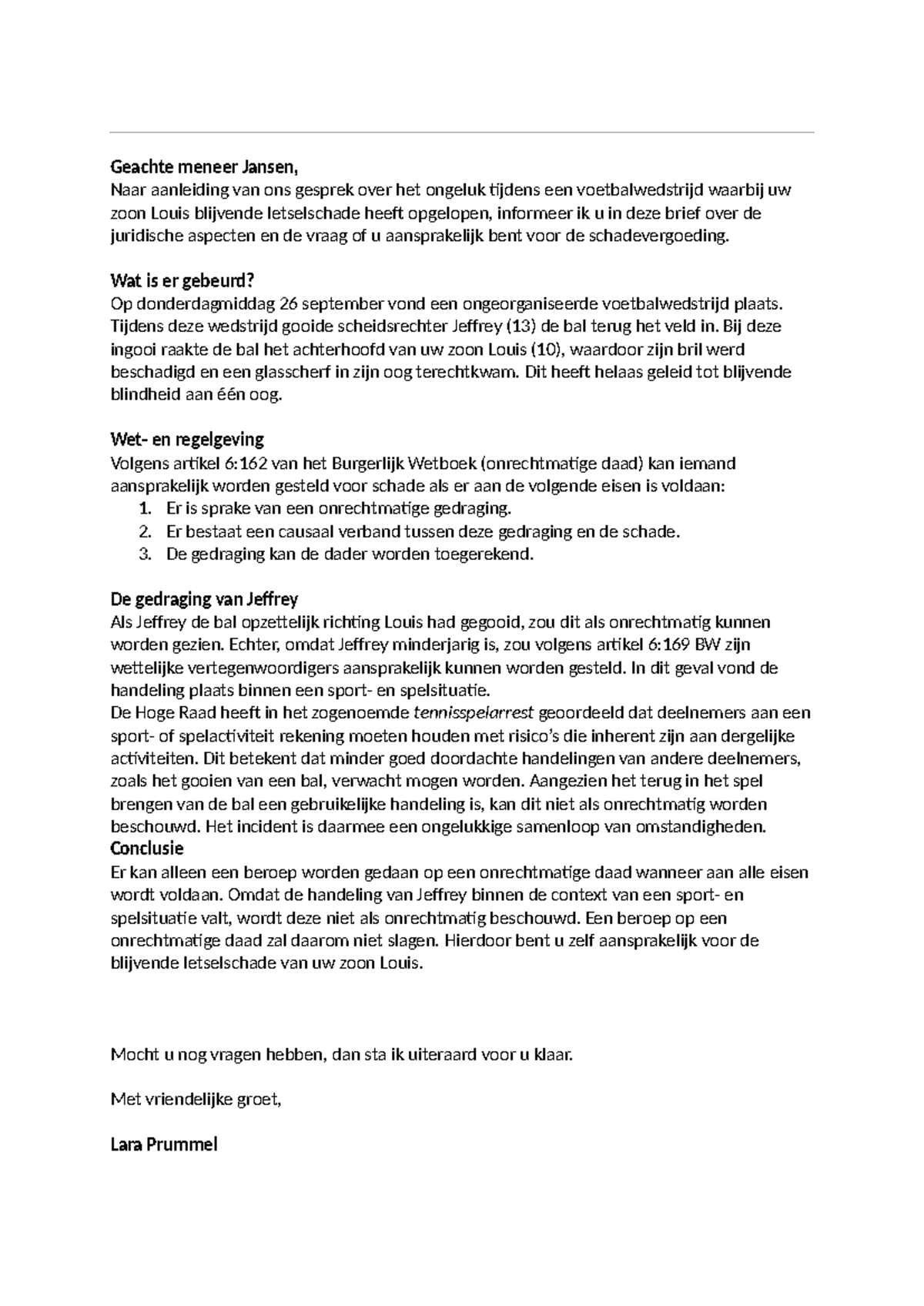 Juridische Adviesbrief t.a.v. Letselschade bij Voetbalwedstrijd ...