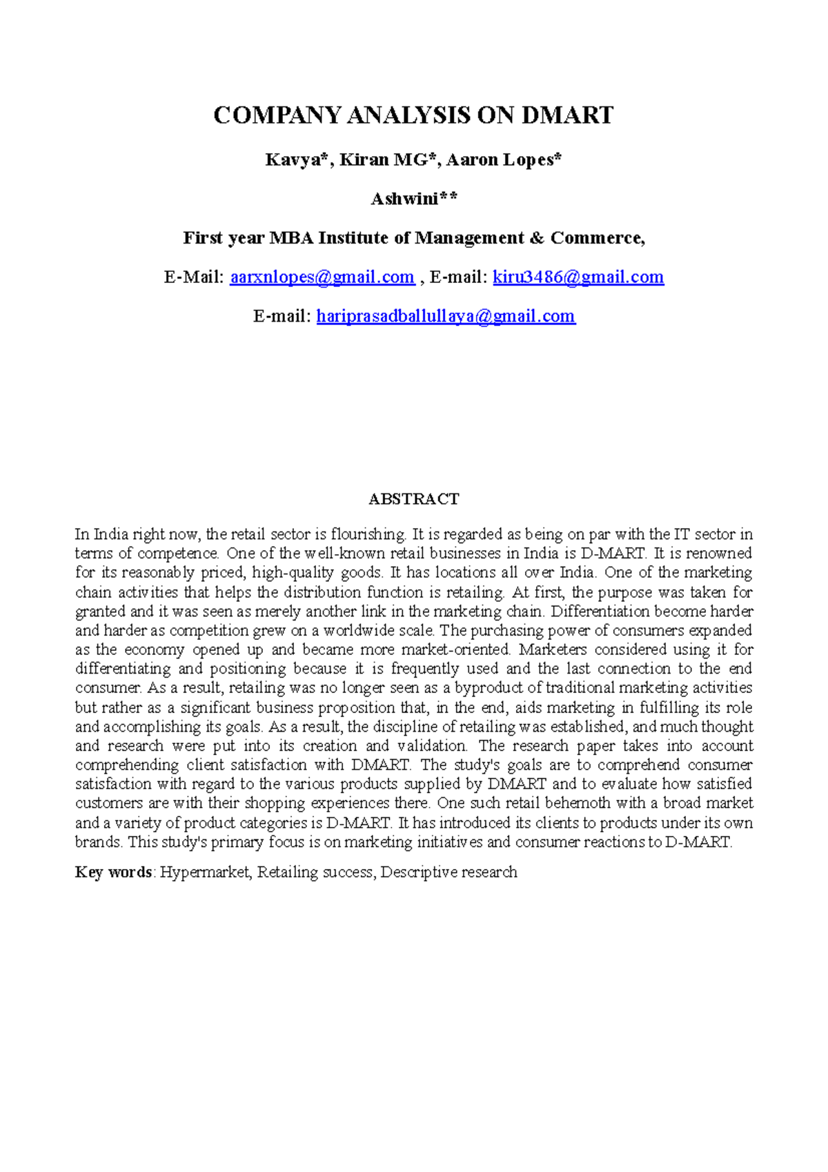 D-MART Company Analysis Report: Final MBA Project (MBA101) - Studocu