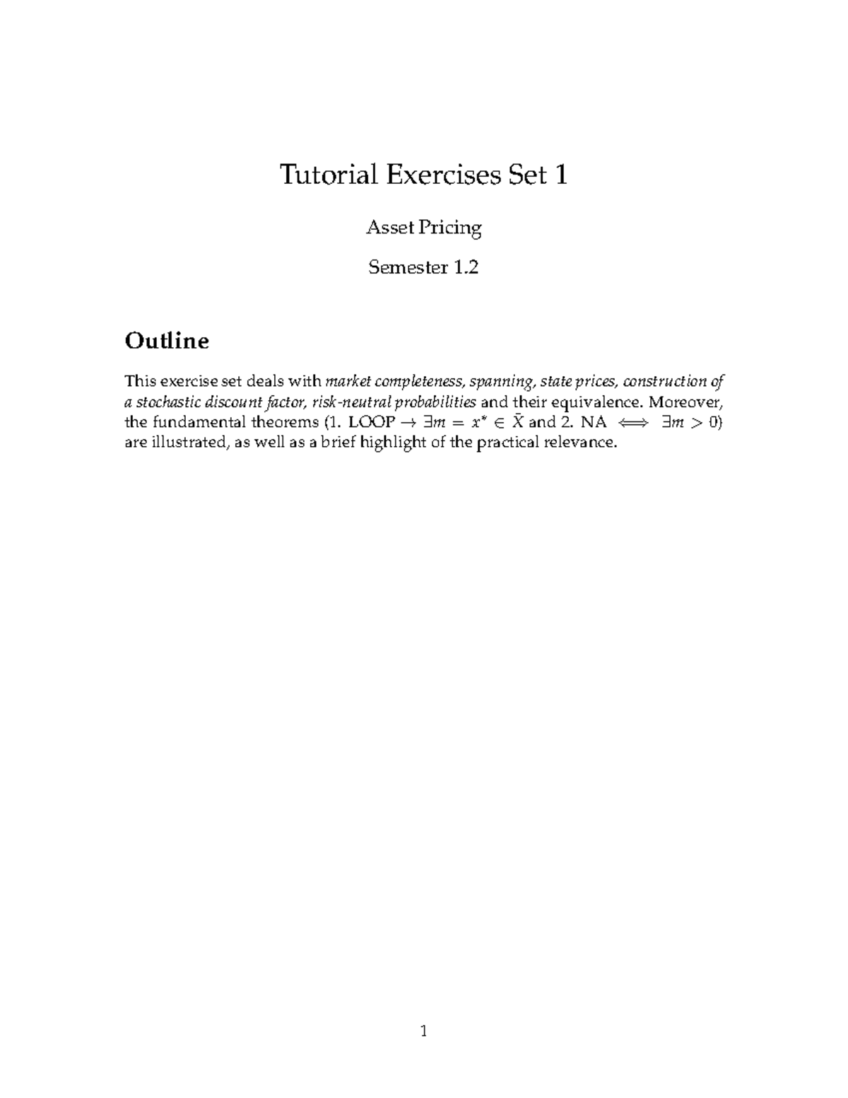 Tutorial 1 Asset Pricing Exercises Set 1: Market Completeness & SDF ...