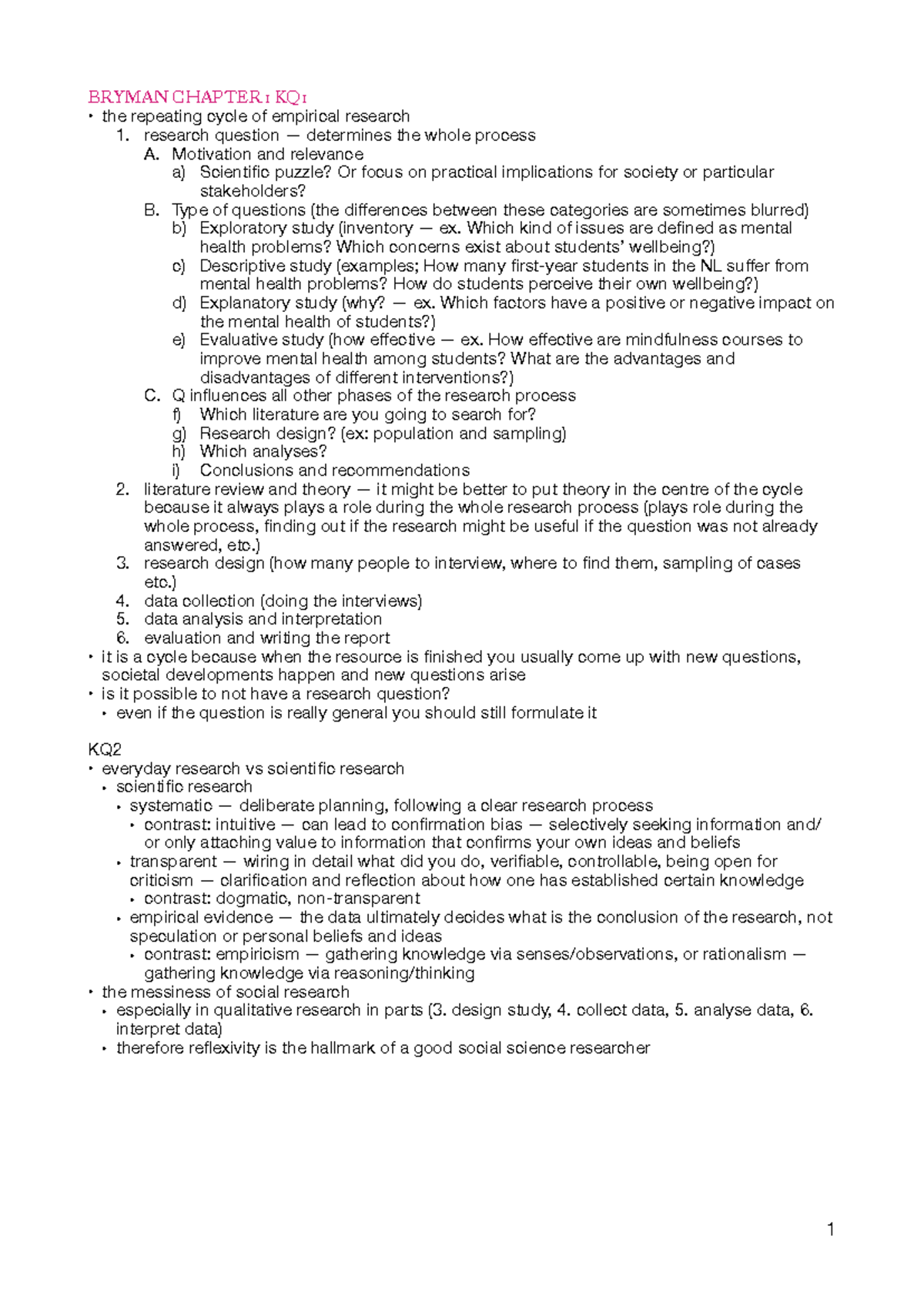 SRM KQ Notes on Bryman Chapter 1: Empirical Research Basics - Studeersnel