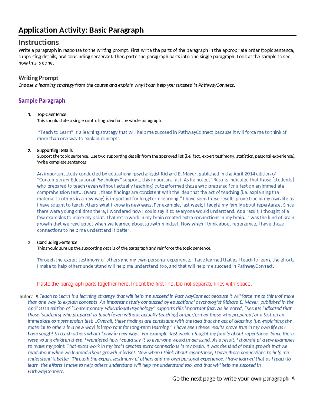 Application Activity: Basic Paragraph Writing for PathwayConnect - Studocu