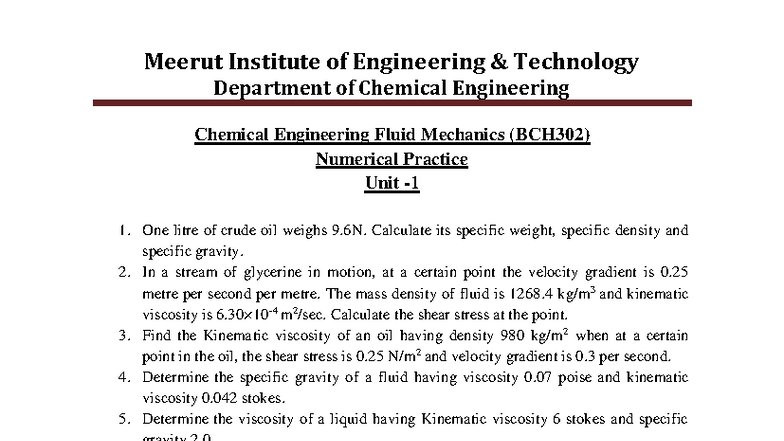 Numerical Practice - Fluid Mechanics (BCH302) Unit 1 Solutions - Studocu