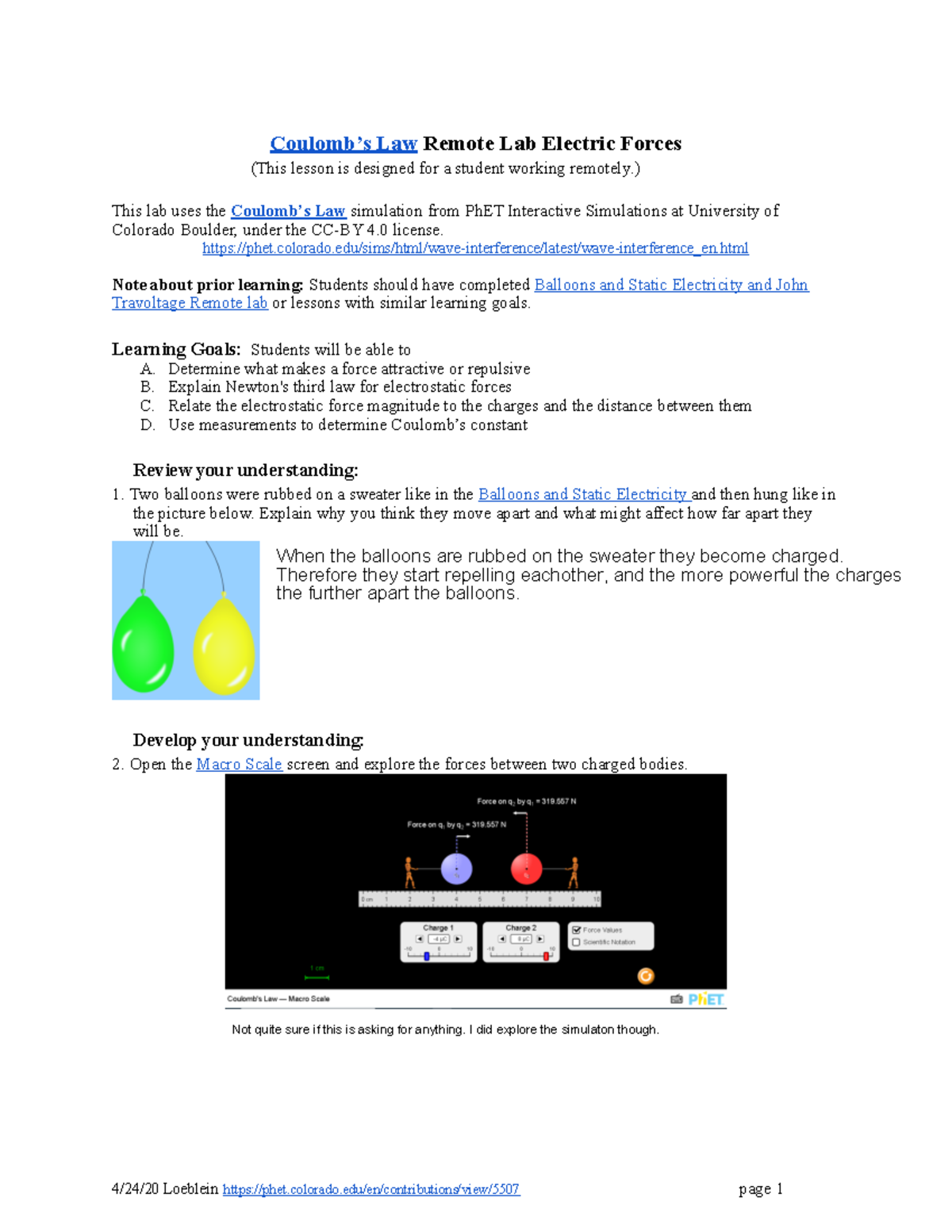 Lab 3 Coulomb Law - coloumbs law - Coulomb’s Law Remote Lab Electric ...