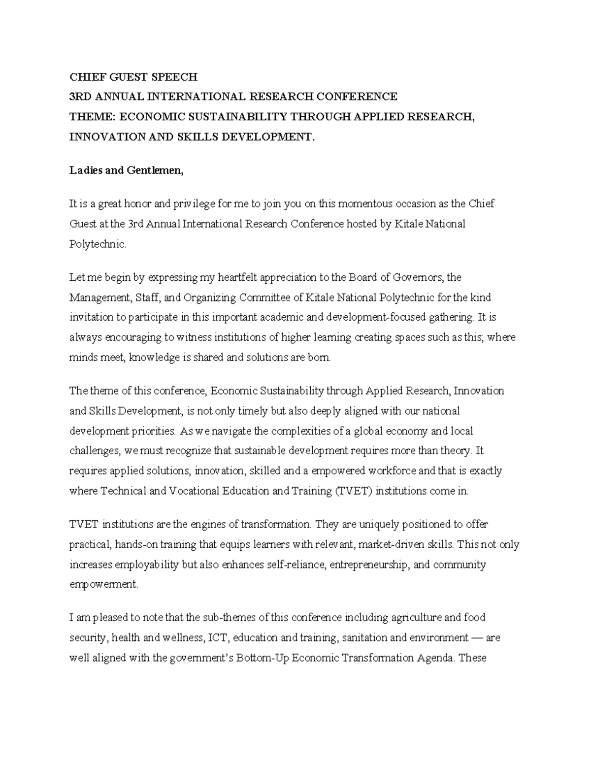 Chief Guest Speech - 3rd Annual Int'l Research Conf. on Eco. Sustainability - Studocu