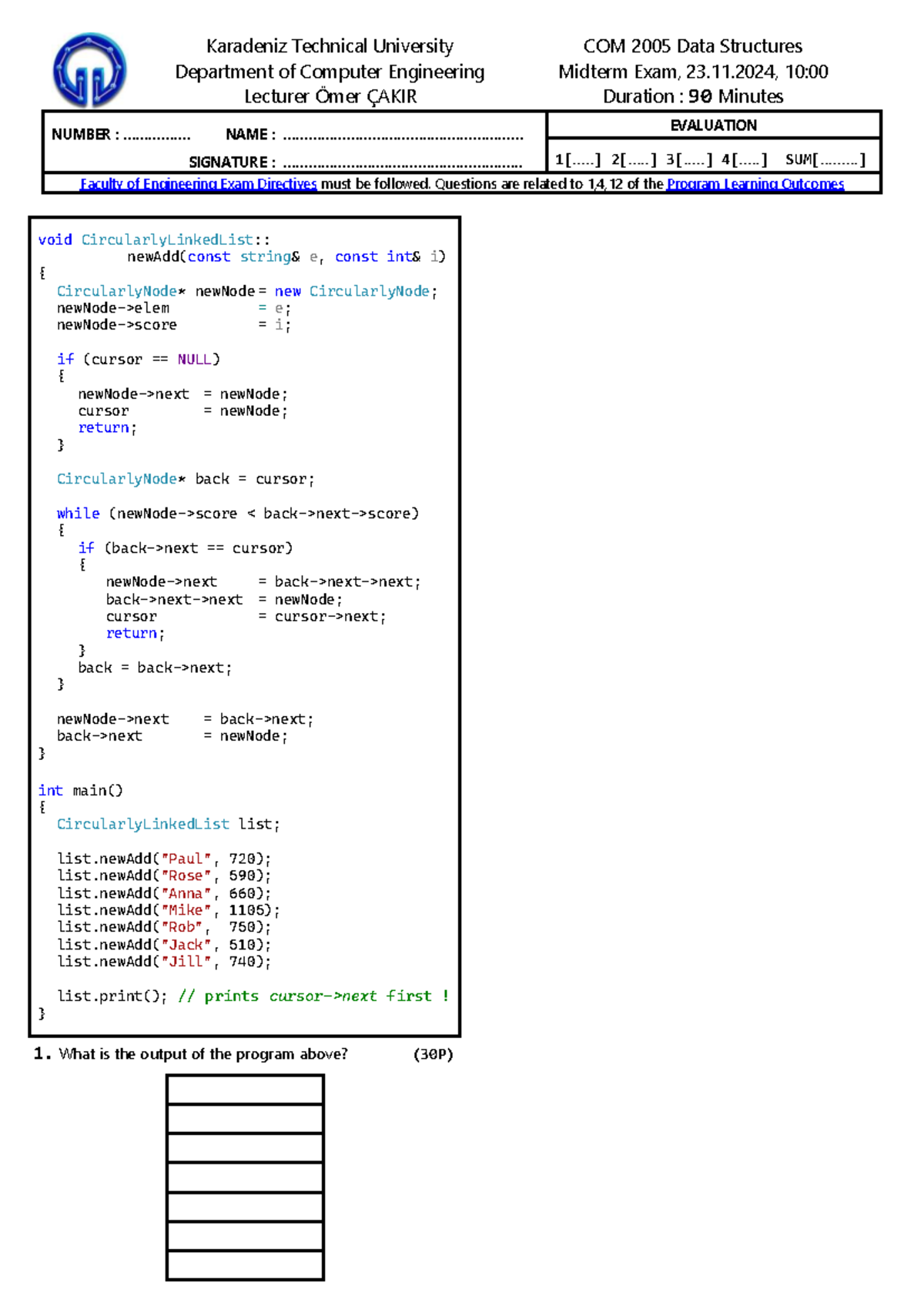 COM 2005 Data Structures Midterm Exam Questions 2024-25 - Studocu