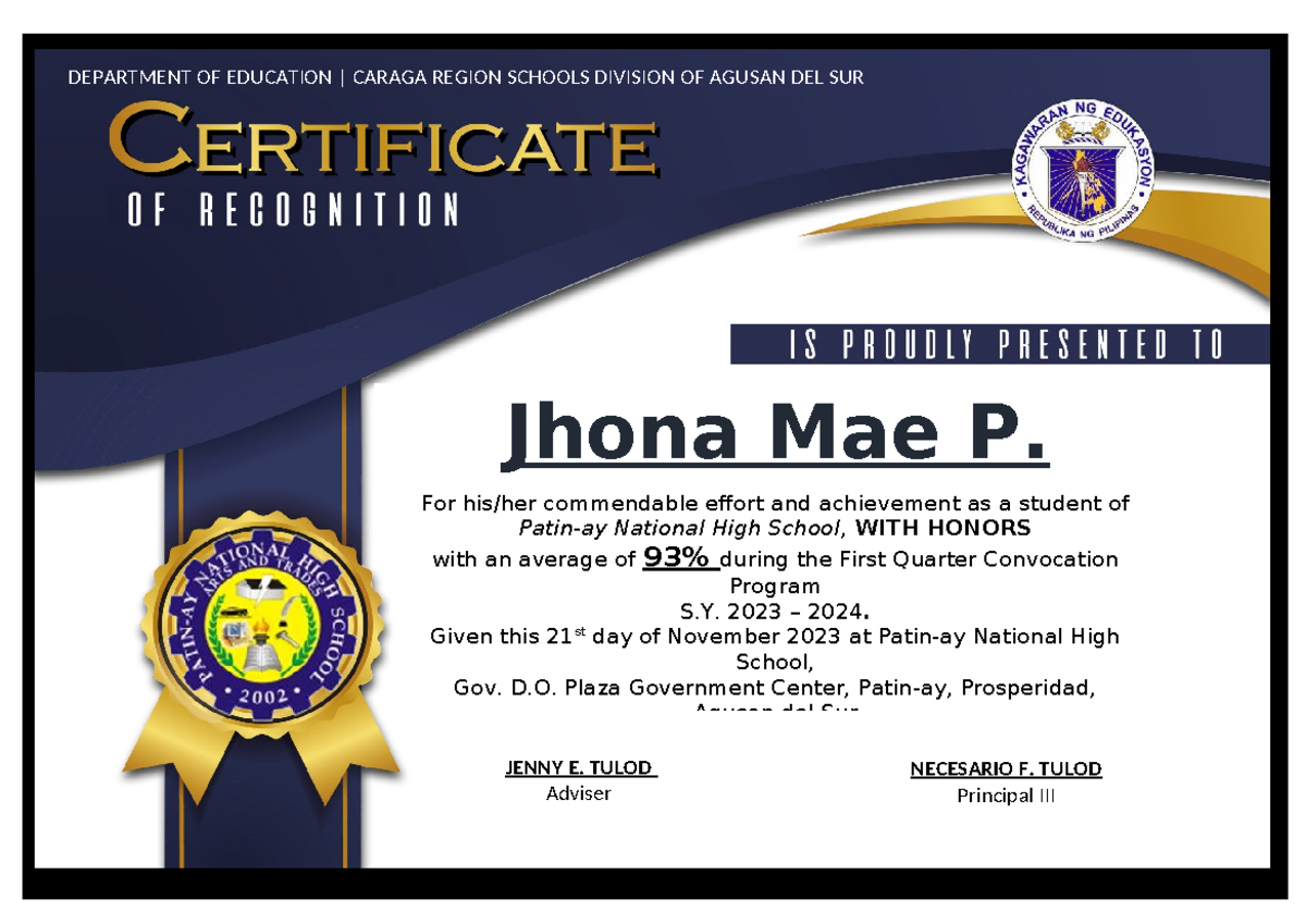 Certificate OF Recognition sample - DEPARTMENT OF EDUCATION | CARAGA ...