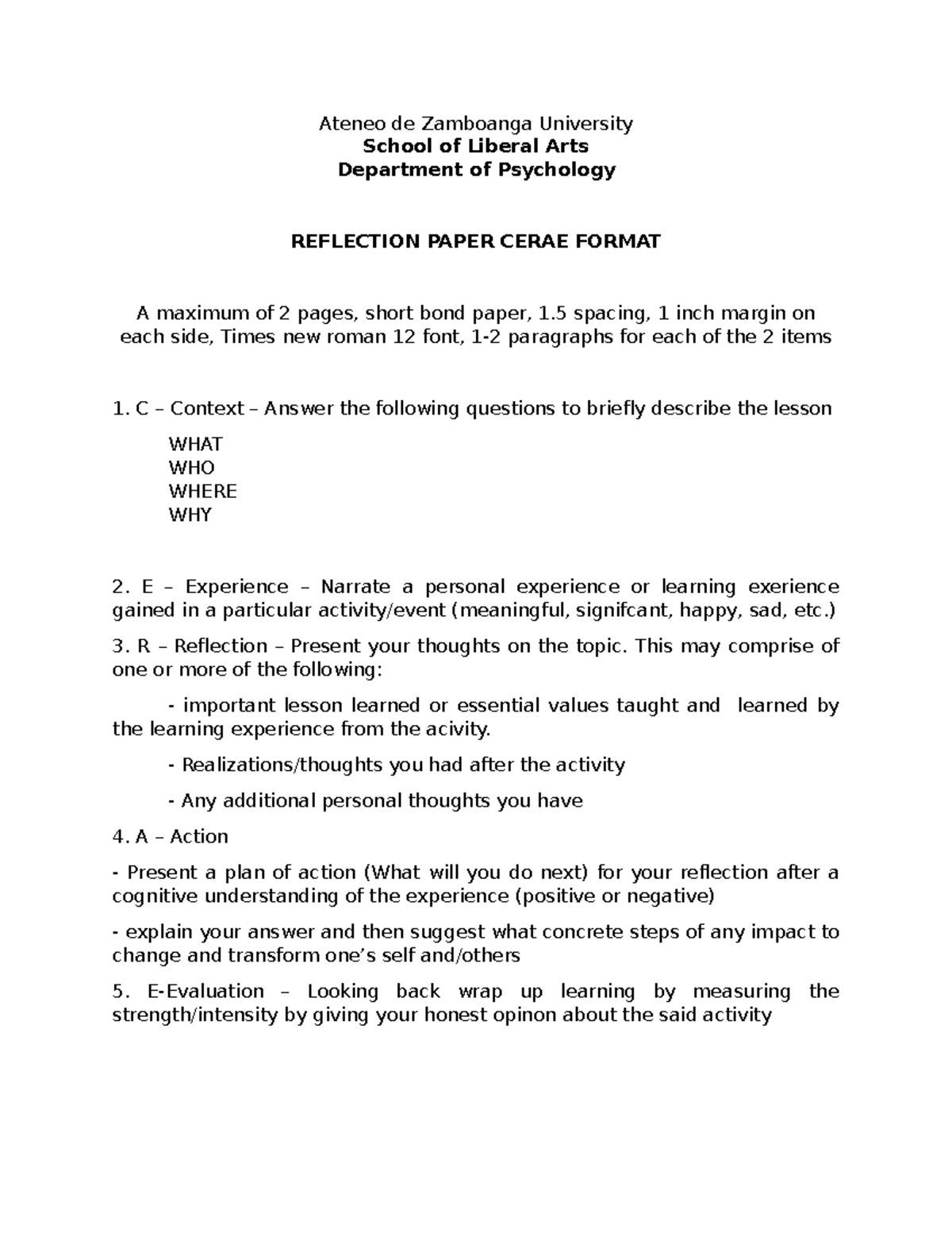 Reflection Paper Guidelines: CERAE Format - Ateneo de Zamboanga ...