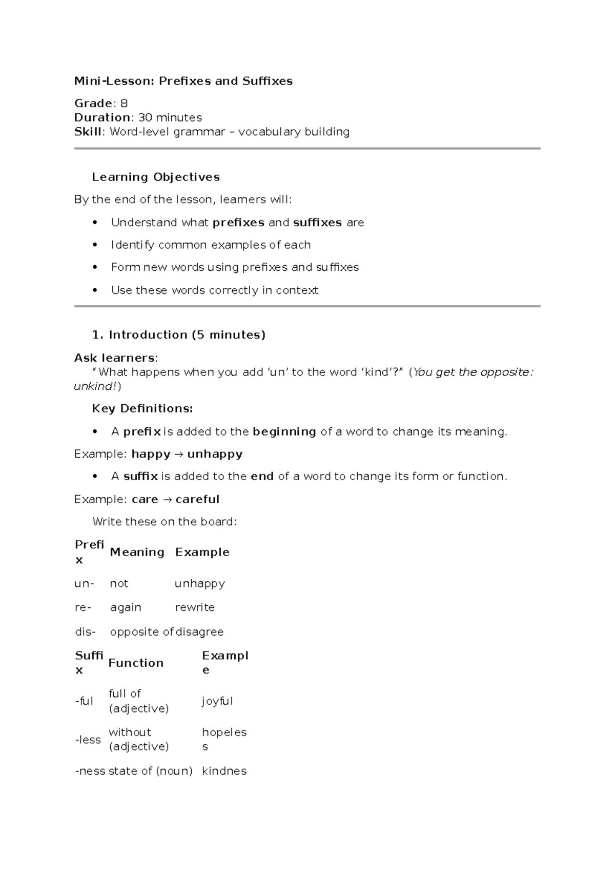Prefixes and Suffixes Lesson Plan for Grade 8 (30 min) - Studocu