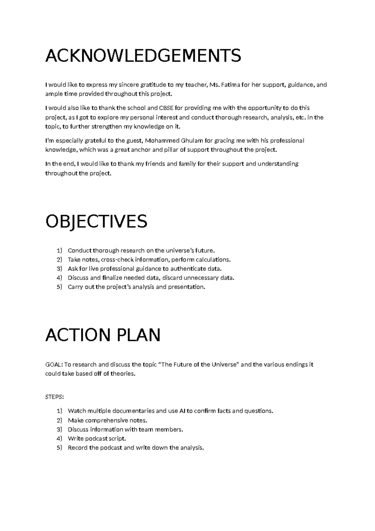 English ASL Project 2024 - Acknowledgements, Objectives, Action Plan ...