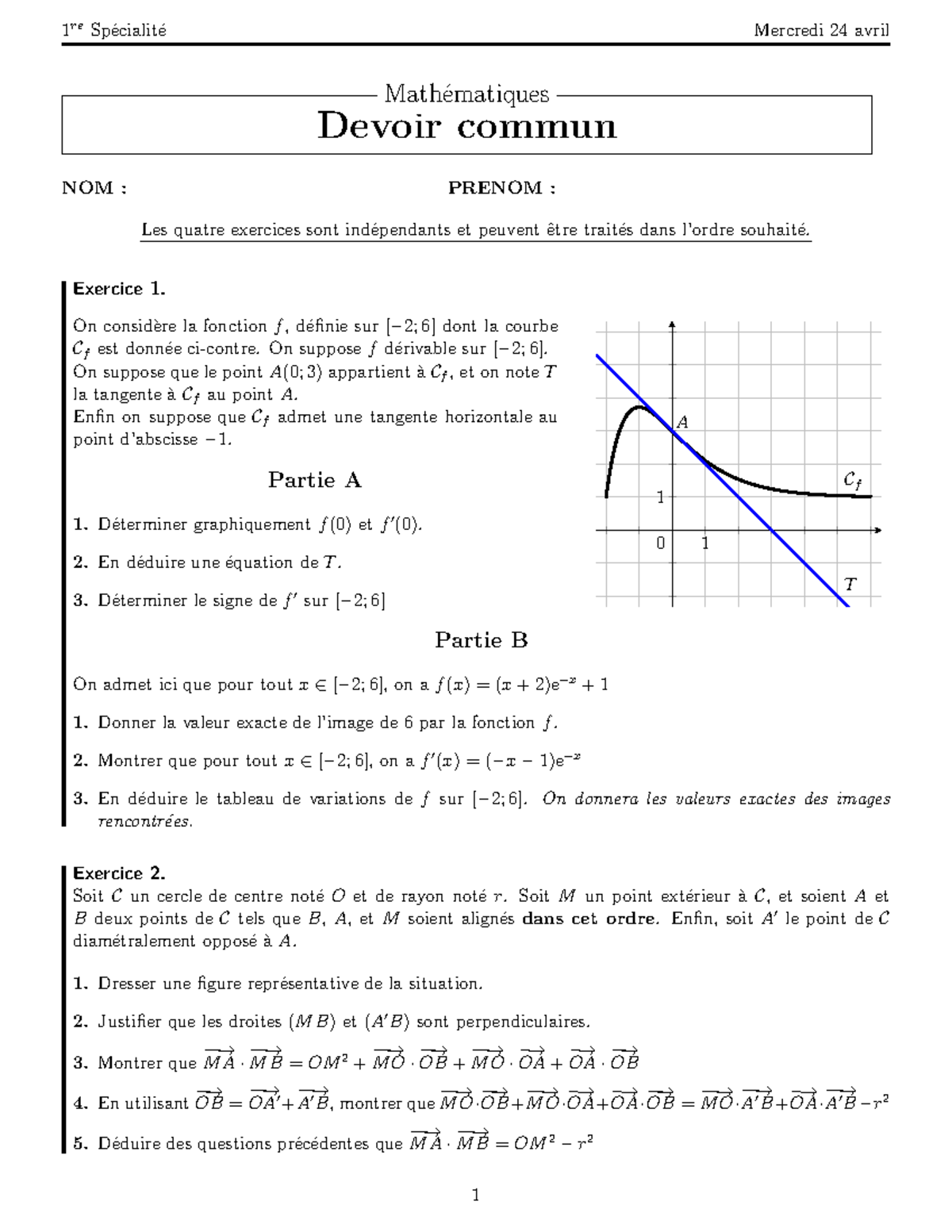Devoir commun -5- évaluation - 1 re Sp ́ecialit ́e Mercredi 24 avril Devoir commun Math ...