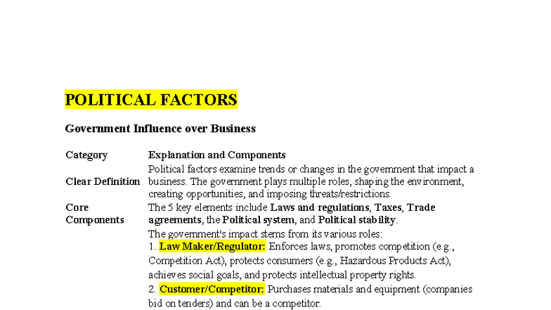 BU111 Final Exam Notes: Political Factors & Business Influence - Studocu