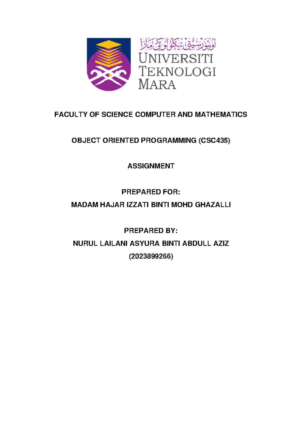 Assignment 1 OOP BASIC JAVA - FACULTY OF SCIENCE COMPUTER AND ...
