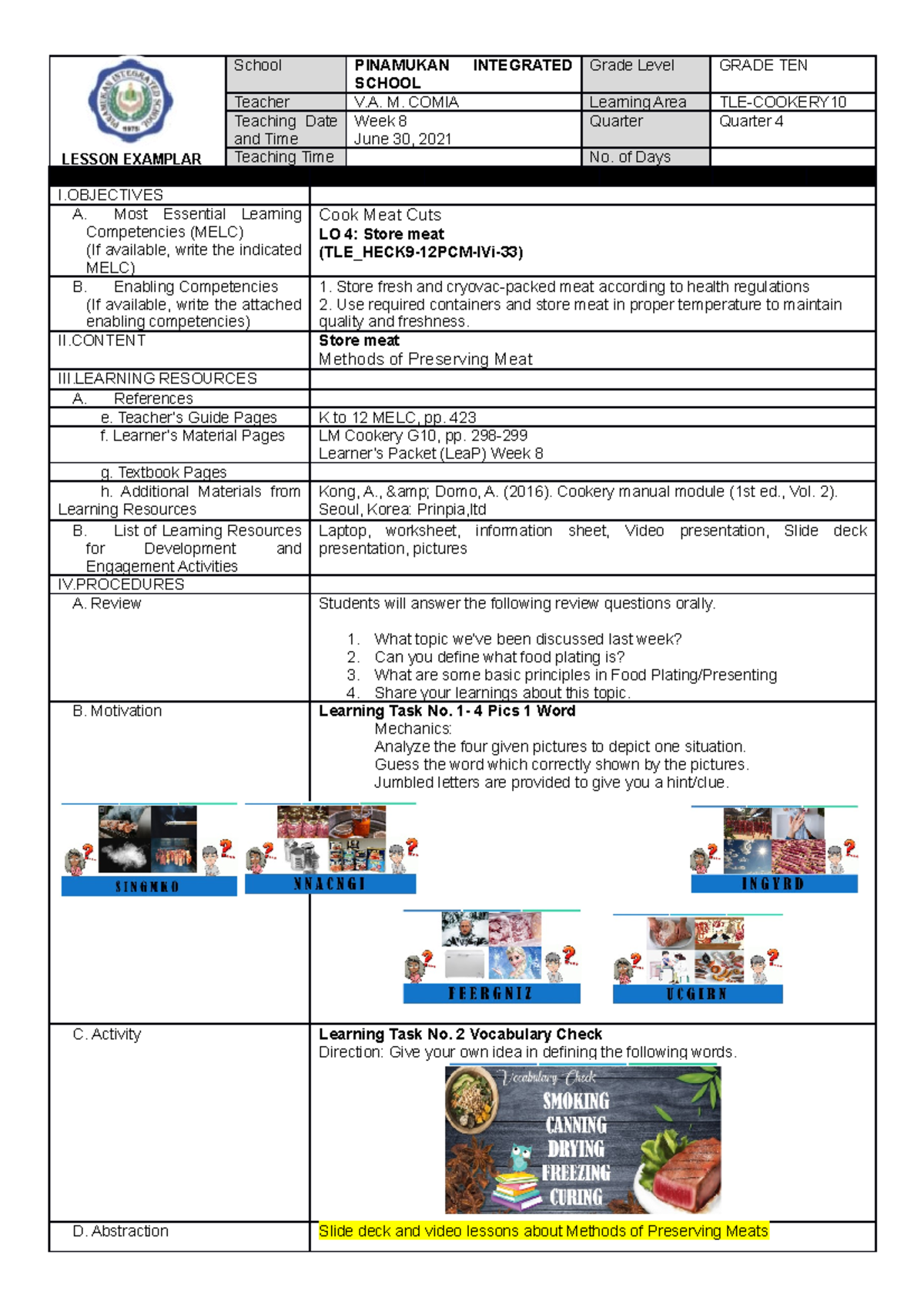 COT 2 Lesson PLAN- Preseservation of Meats VHEA Alyssa M. Comia ...