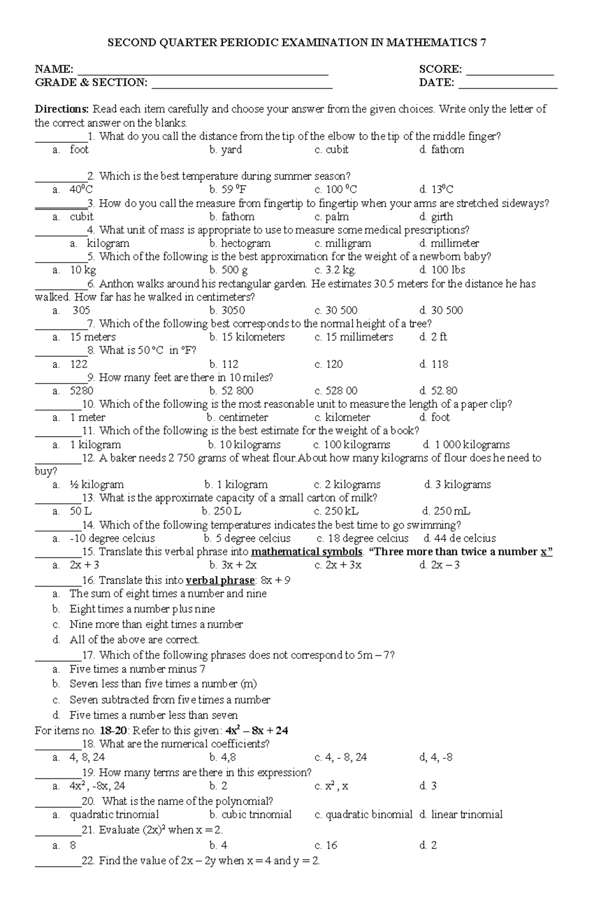 Math 7 Second Quarter Periodic Exam - Answer Key and Questions - Studocu