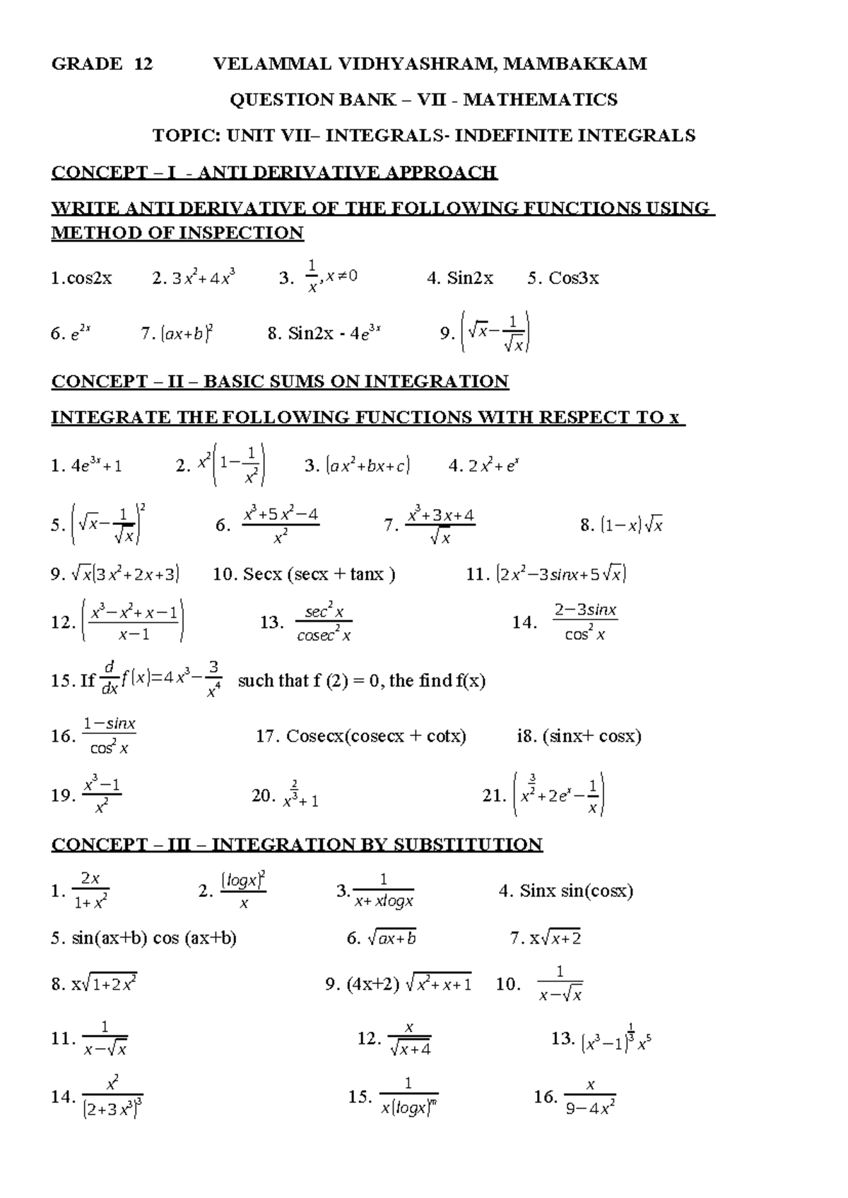 GRADE 12 VELAMMAL VIDHYASHRAM MAMBAKKAM MATHEMATICS QUESTION BANK ON ...