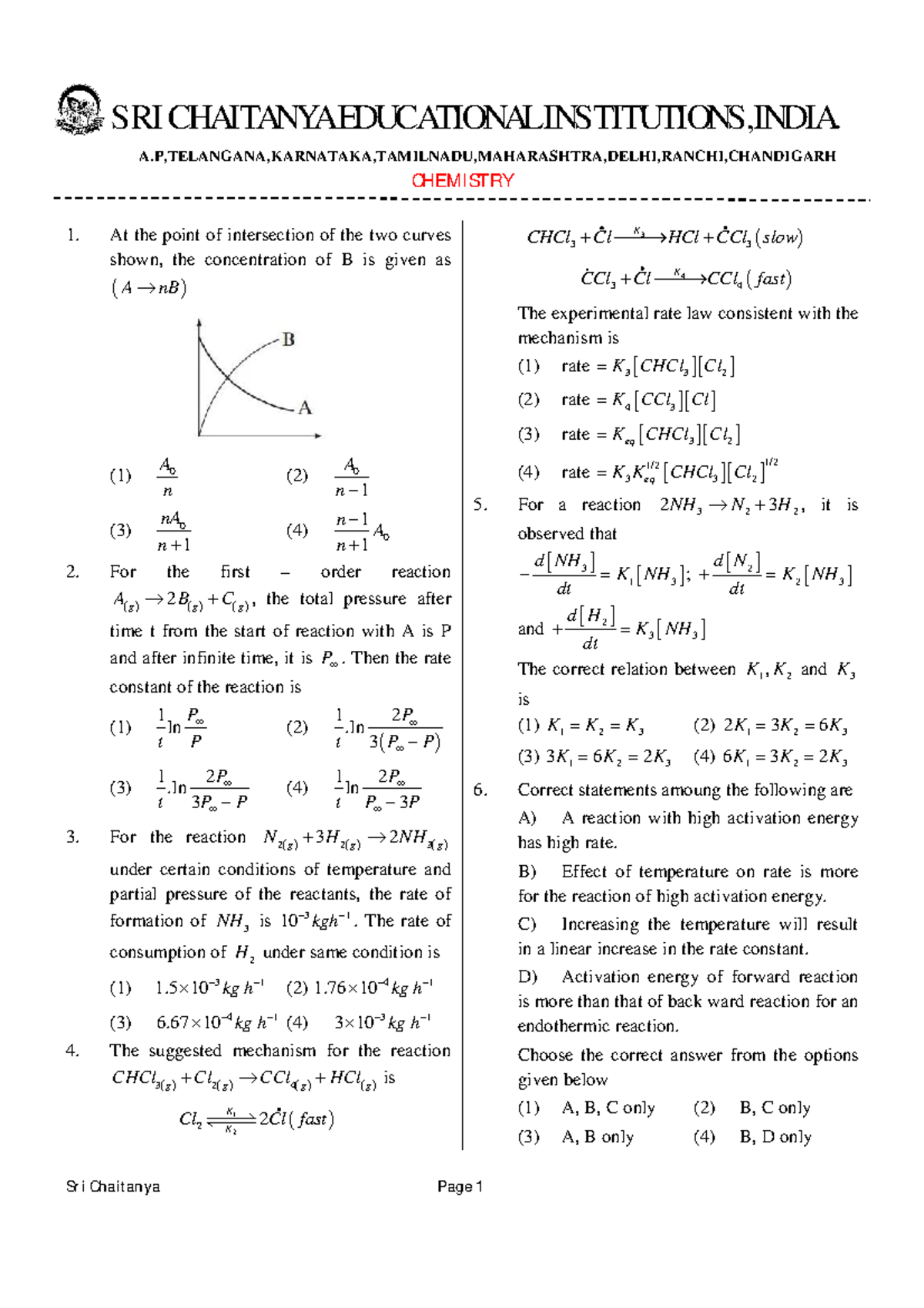 Chemistry Assignment-3: SRI CHAITANYA EDUCATIONAL INSTITUTIONS - Studocu