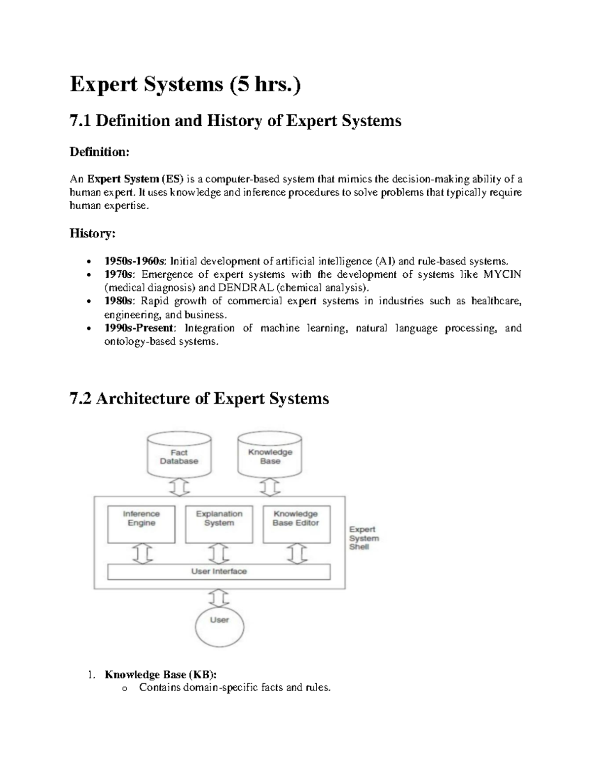AI 7: Expert Systems - Definition, History, and Architecture - Studocu