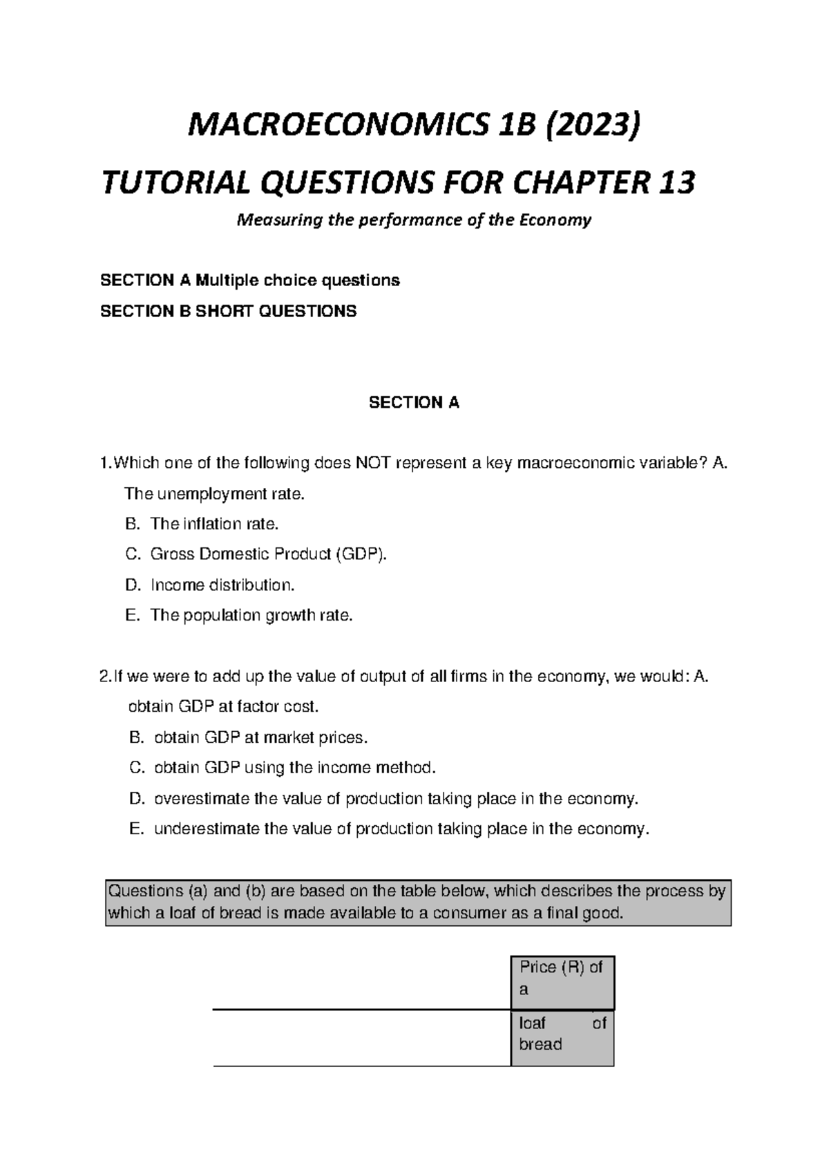 Tutorial Questions for Chapter 13 - Macroeconomics 1B (2023) - Studocu