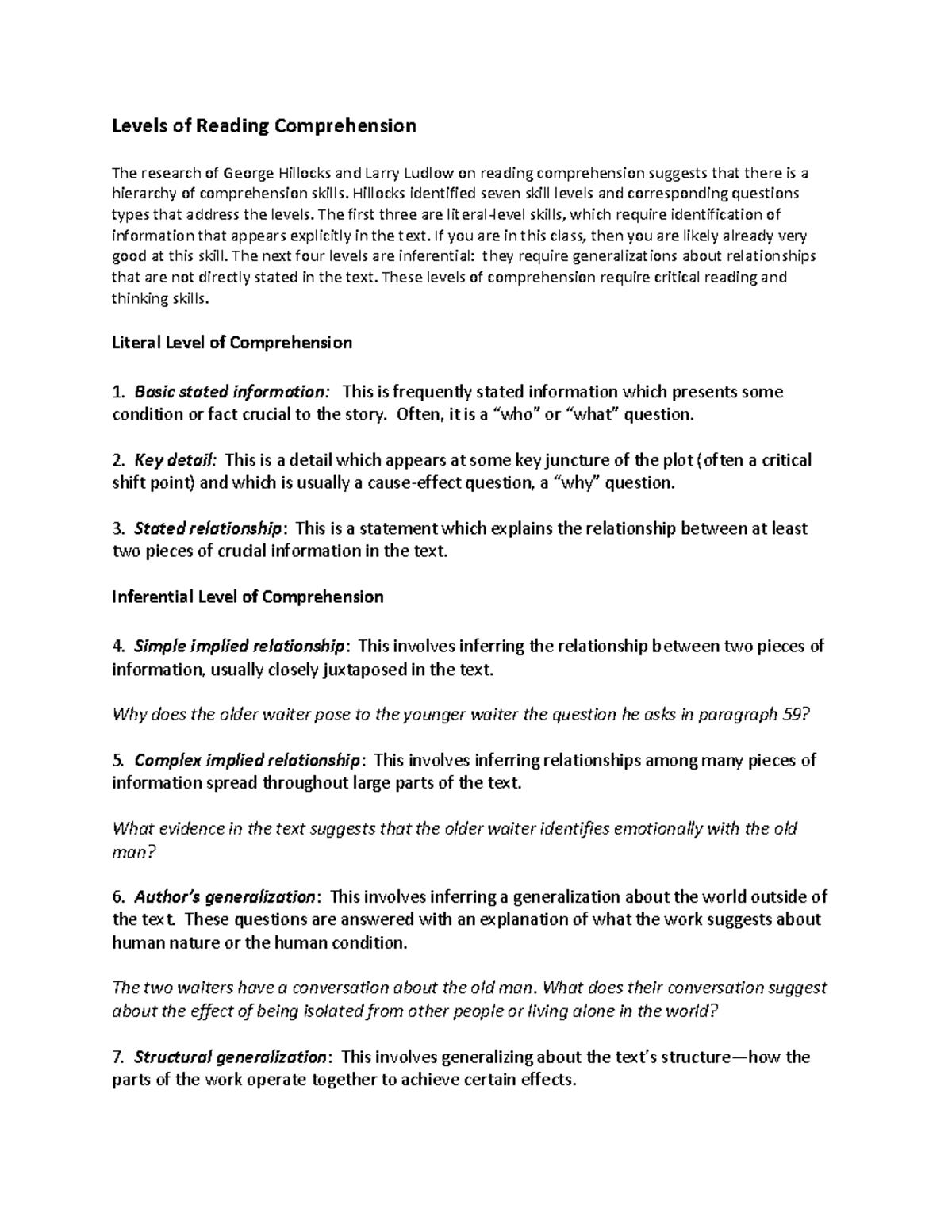 Levels of Reading Comprehension: Insights from Hillocks & Ludlow ...