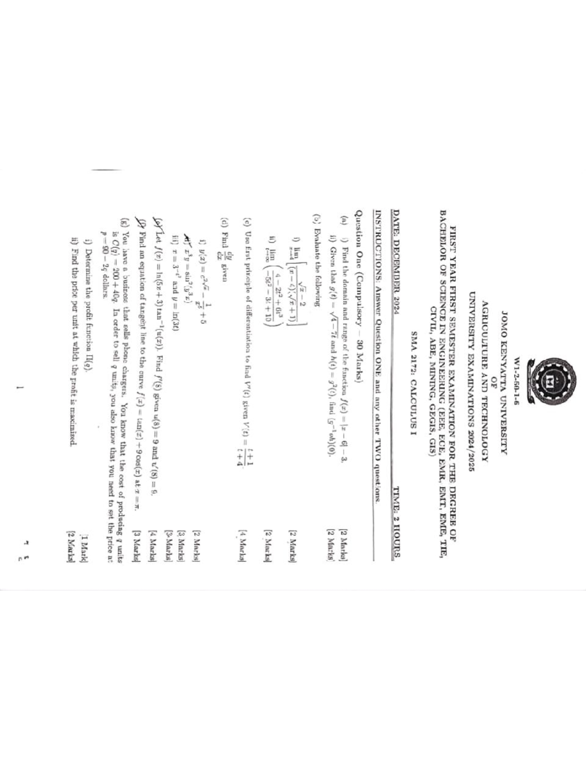 SMA 2172: Calculus I Exam Notes for Mechanical Engineering First Year ...