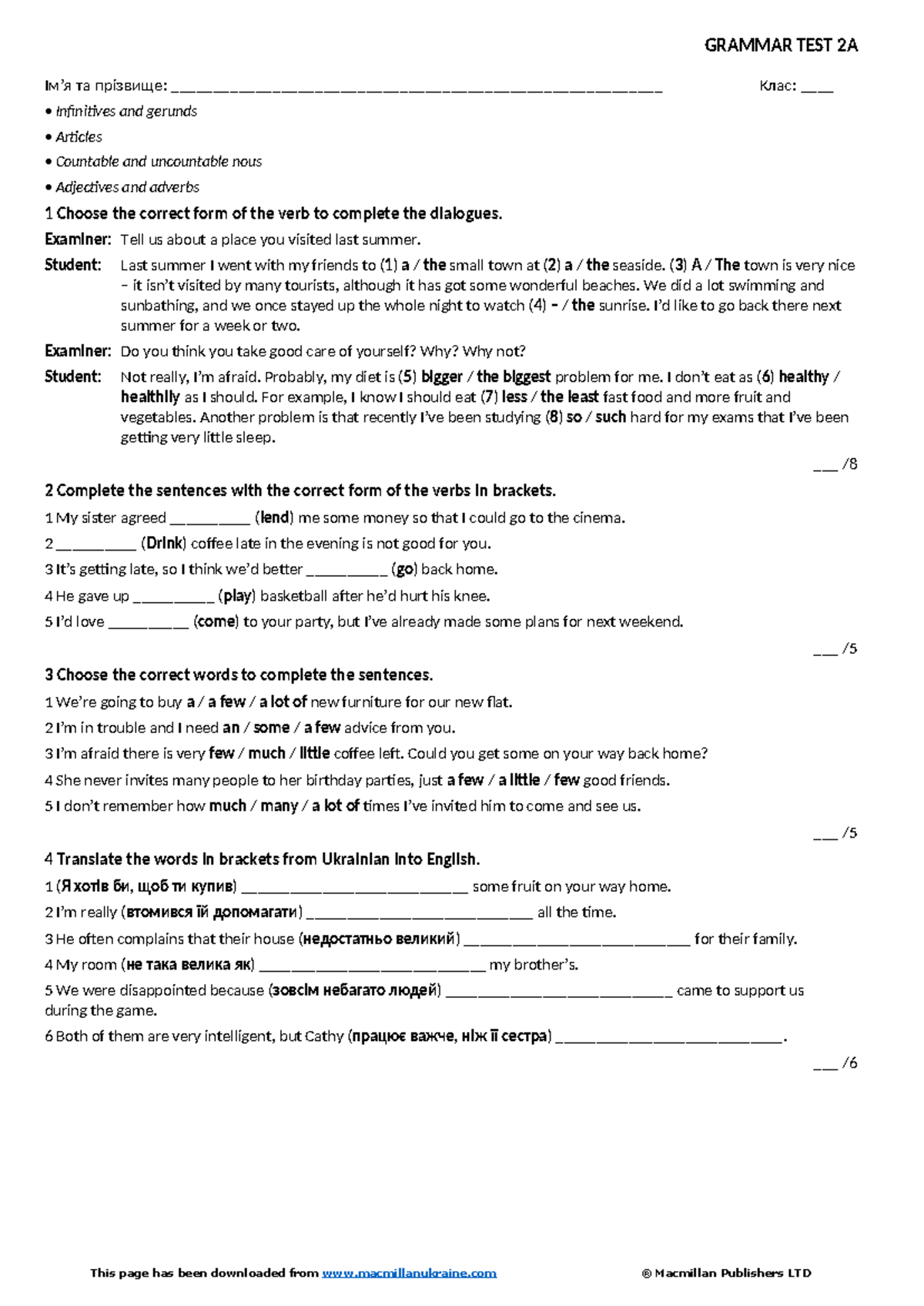 Grammar Test 2A: Infinitives, Gerunds, and Articles (Units 5-8) - Studocu