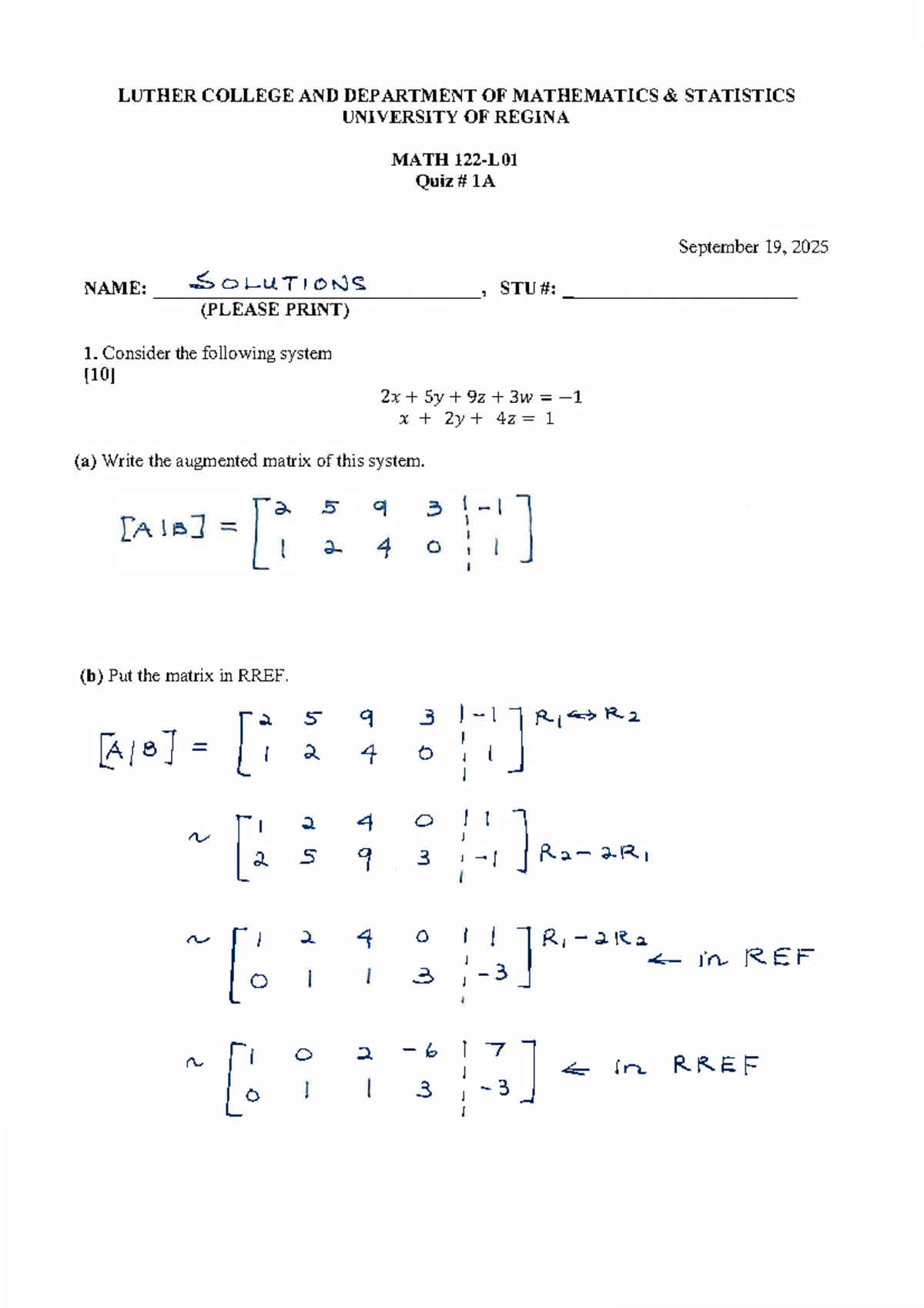 Math 122 Quiz 1 Solutions - Luther College & U of R - Studocu
