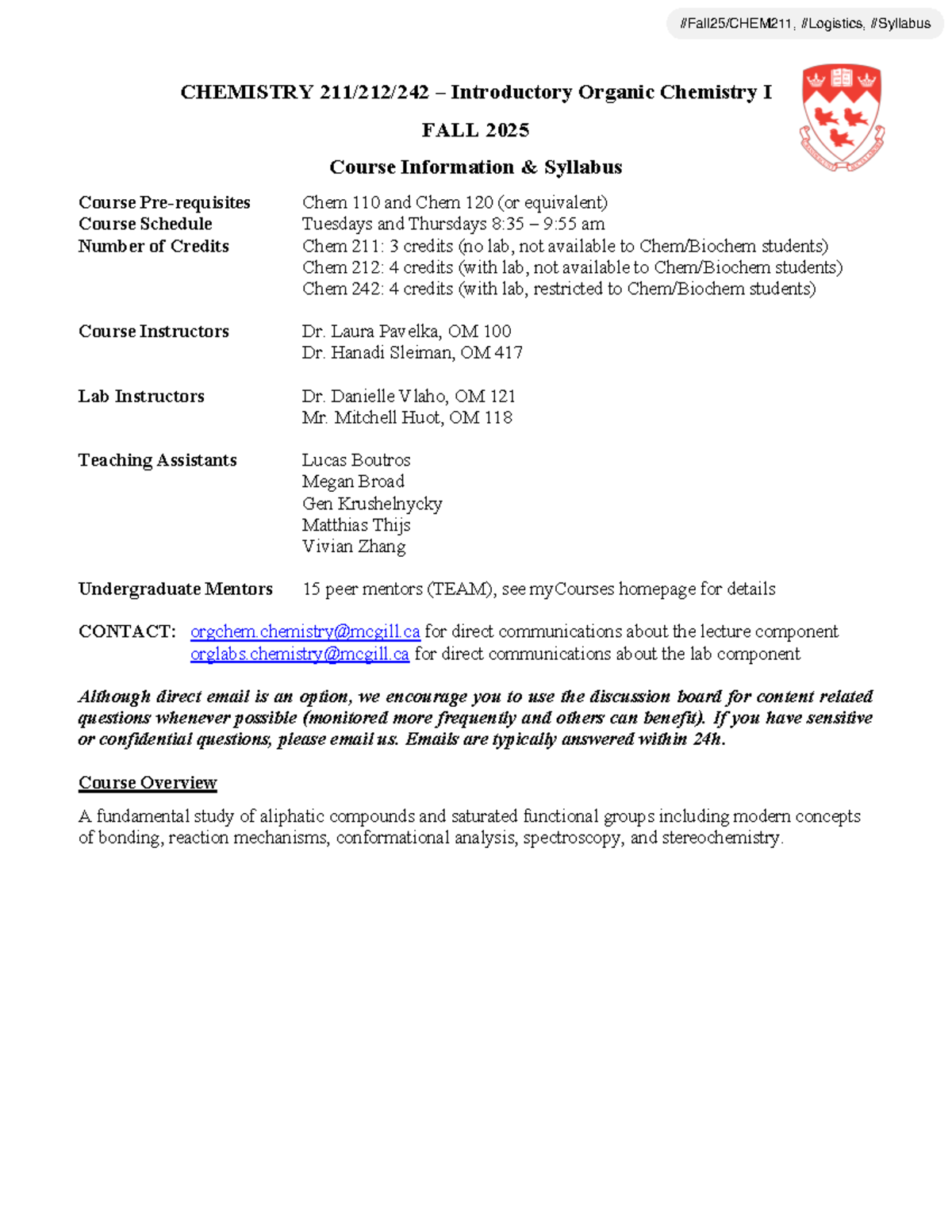 CHEM 211: Introductory Organic Chemistry I Syllabus FALL 2025 - Studocu