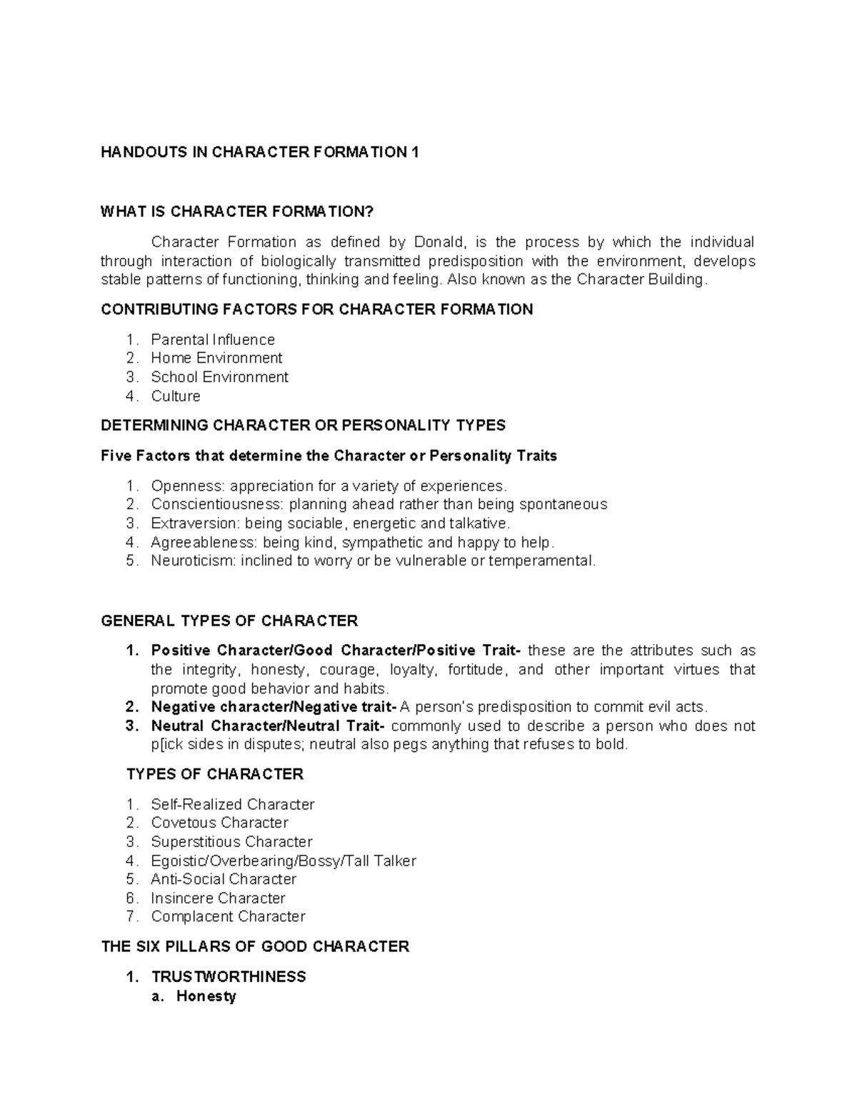 Criminology 101: Lecture Notes on Character Formation and Values - Studocu