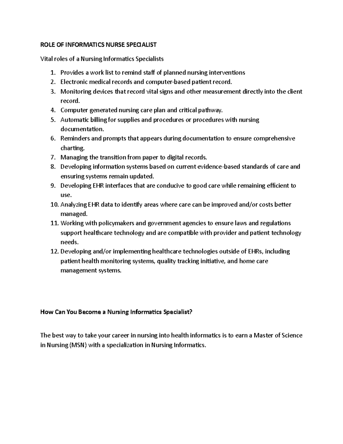 Nursing informatics specialist roles and competencies: Prefinal notes ...