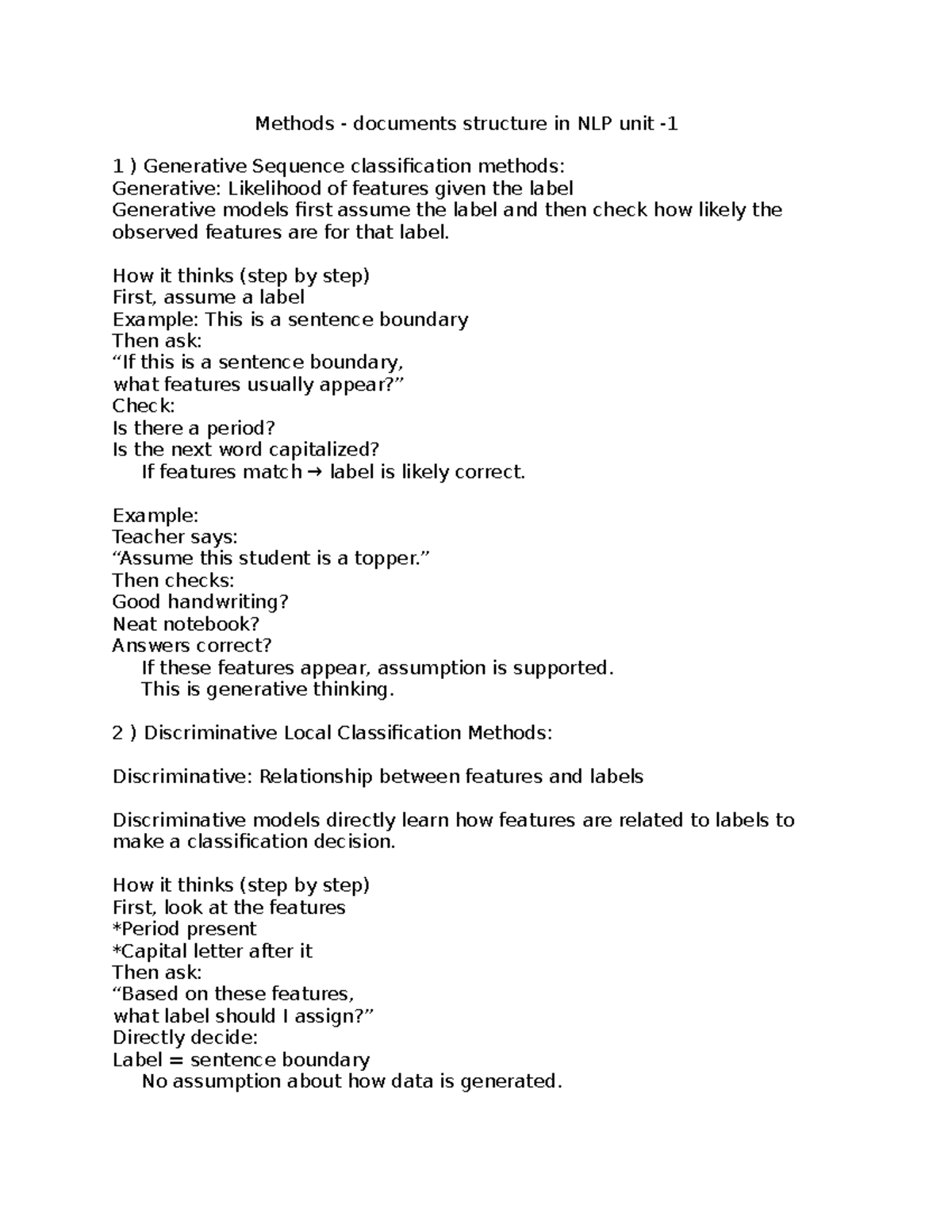 UNIT 1 NLP Methods: Generative & Discriminative Classification ...