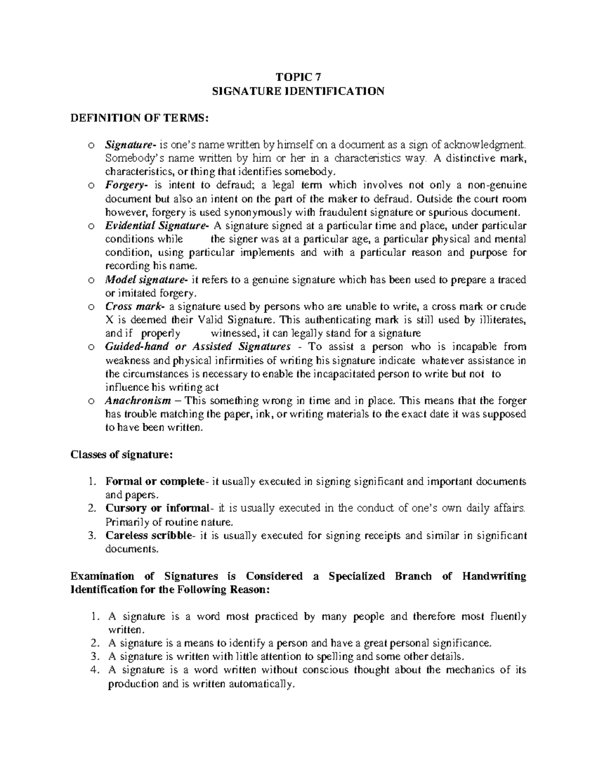 Topic 7: Signature Identification in Document Examination - Studocu