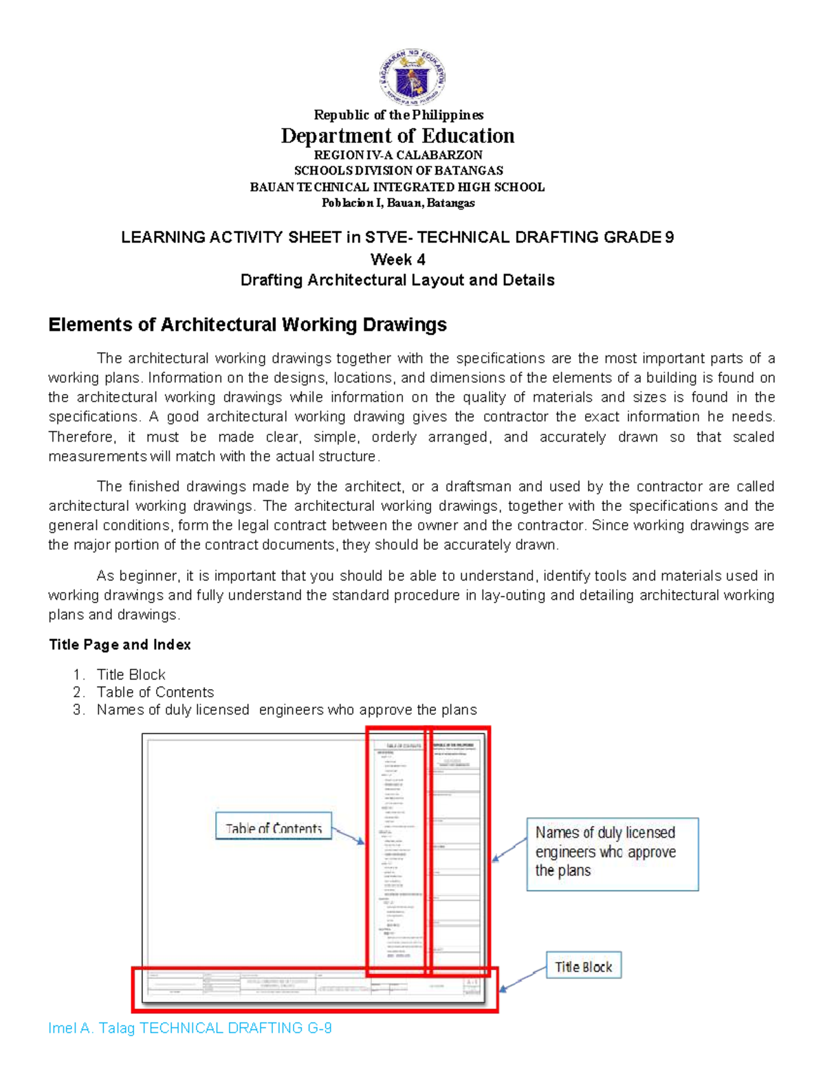 TECH 9 Learning Activity Sheet: Architectural Drafting Week 4 - Studocu